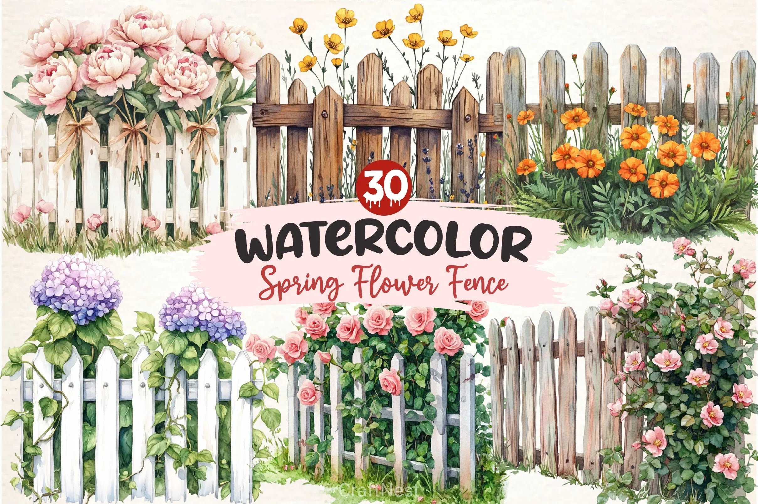 Spring Flower Fence Clipart Bundle 2