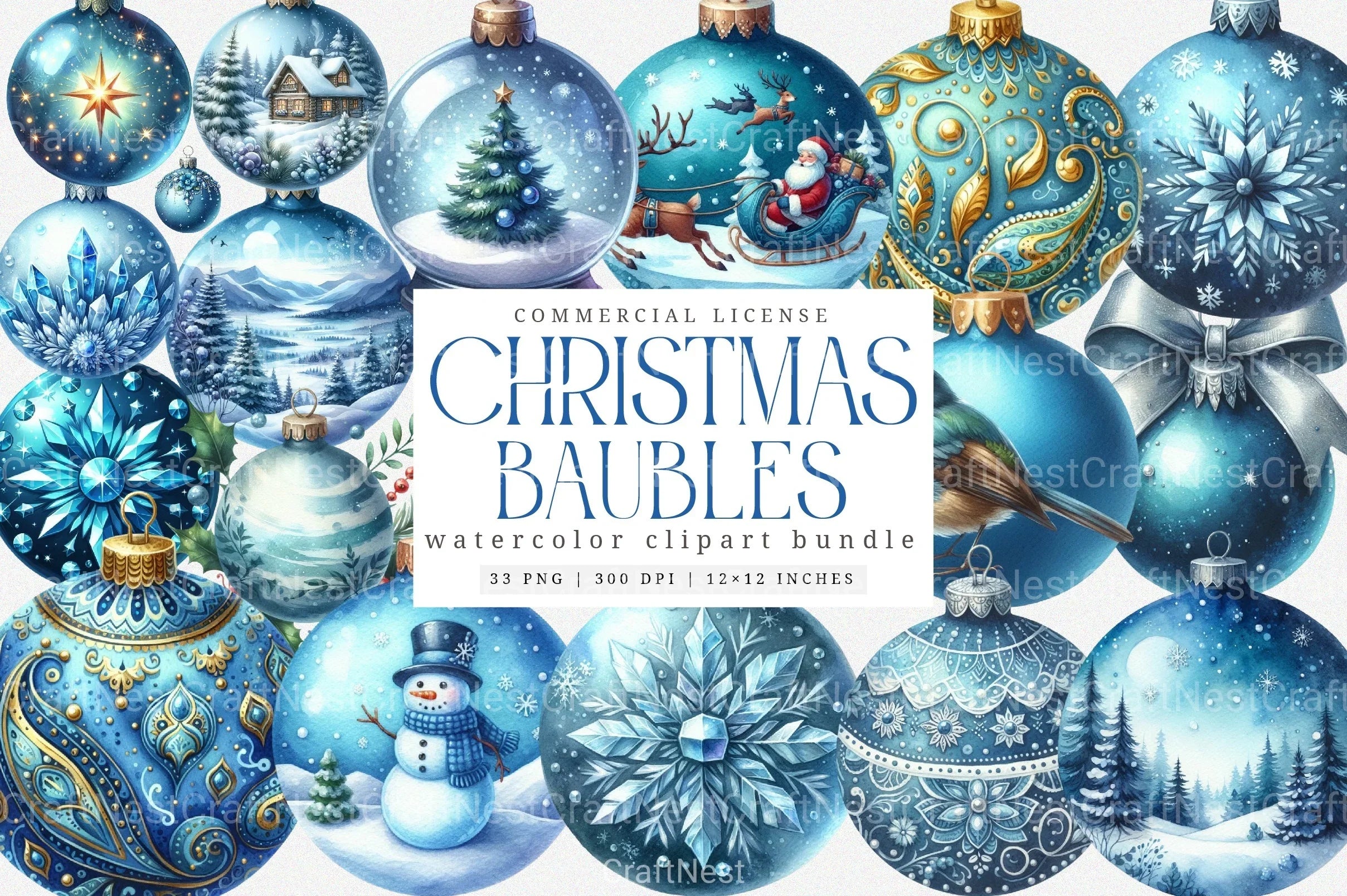 Blue Baubles Christmas Tree Ornaments Clipart Bundle - 15 High-Quality