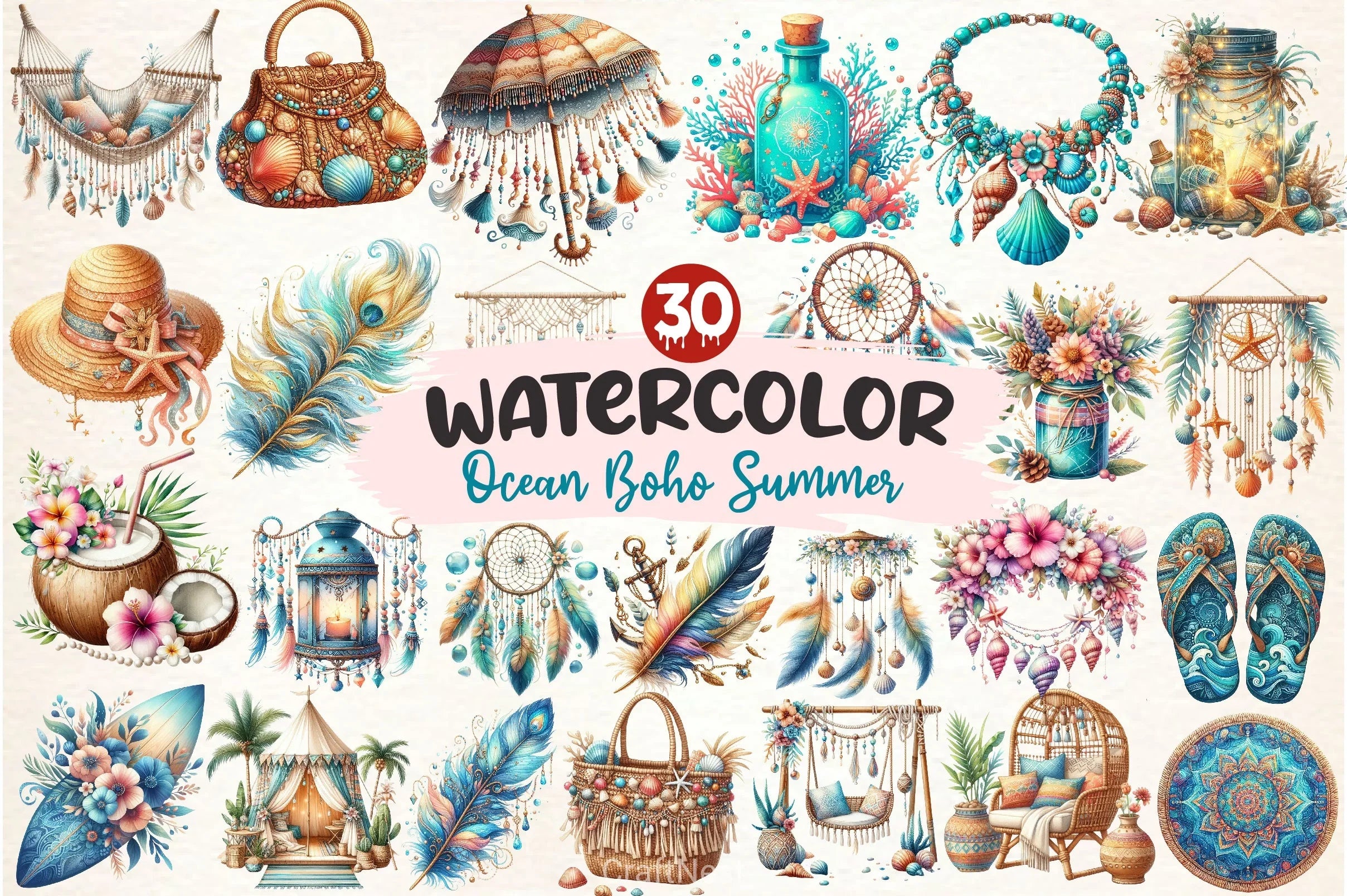 Ocean Boho Summer Clipart Bundle