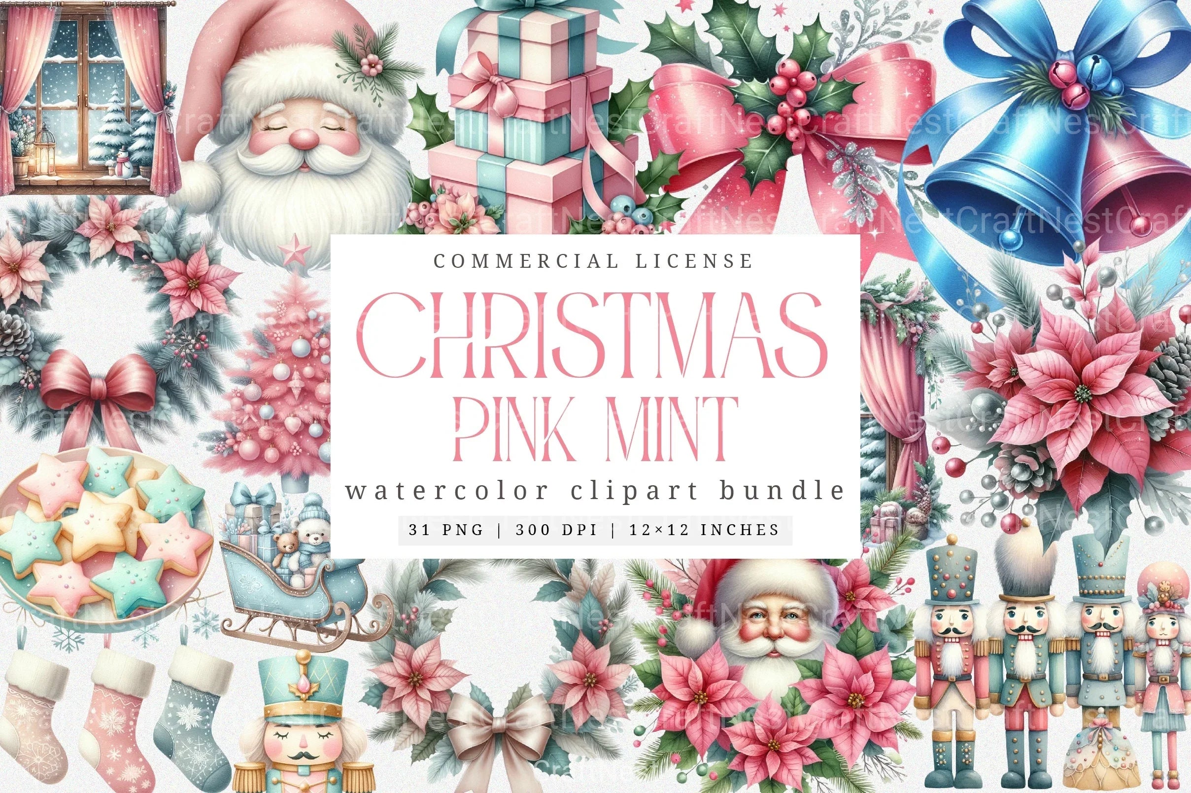 Pink Mint Christmas Pastel Character Clipart Bundle
