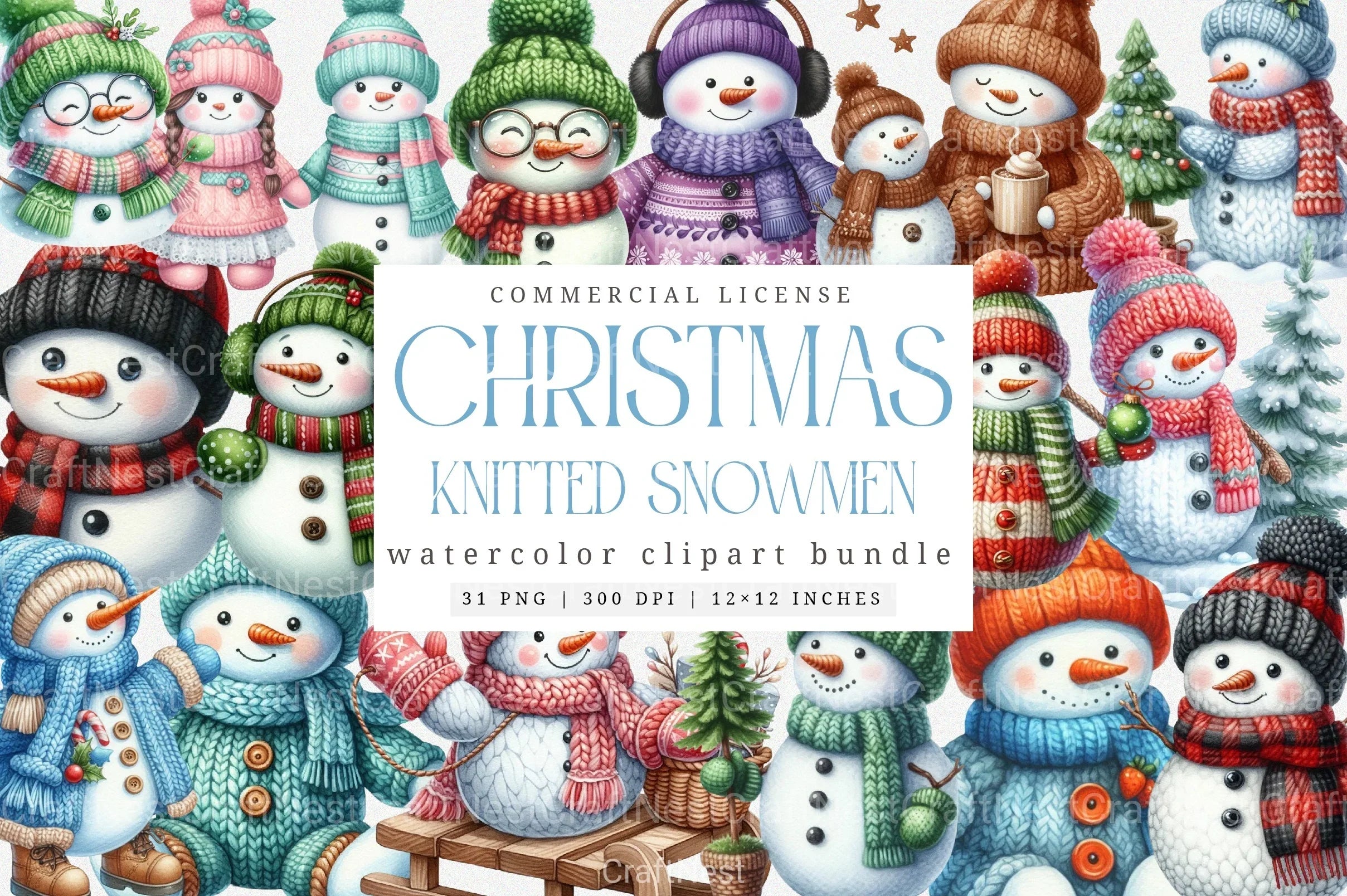 Knitted Snowmen Winter Set Clipart Bundle