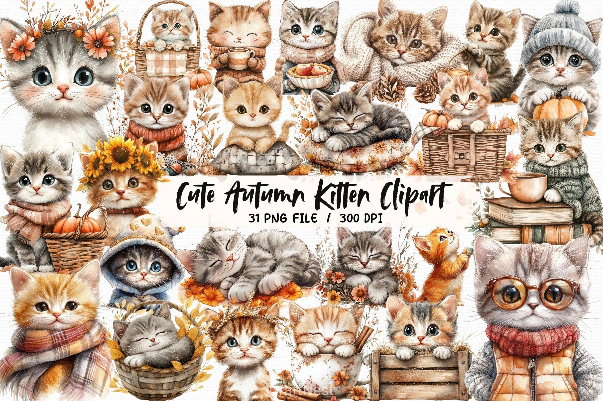 Cute Autumn Kitten Clipart Bundle