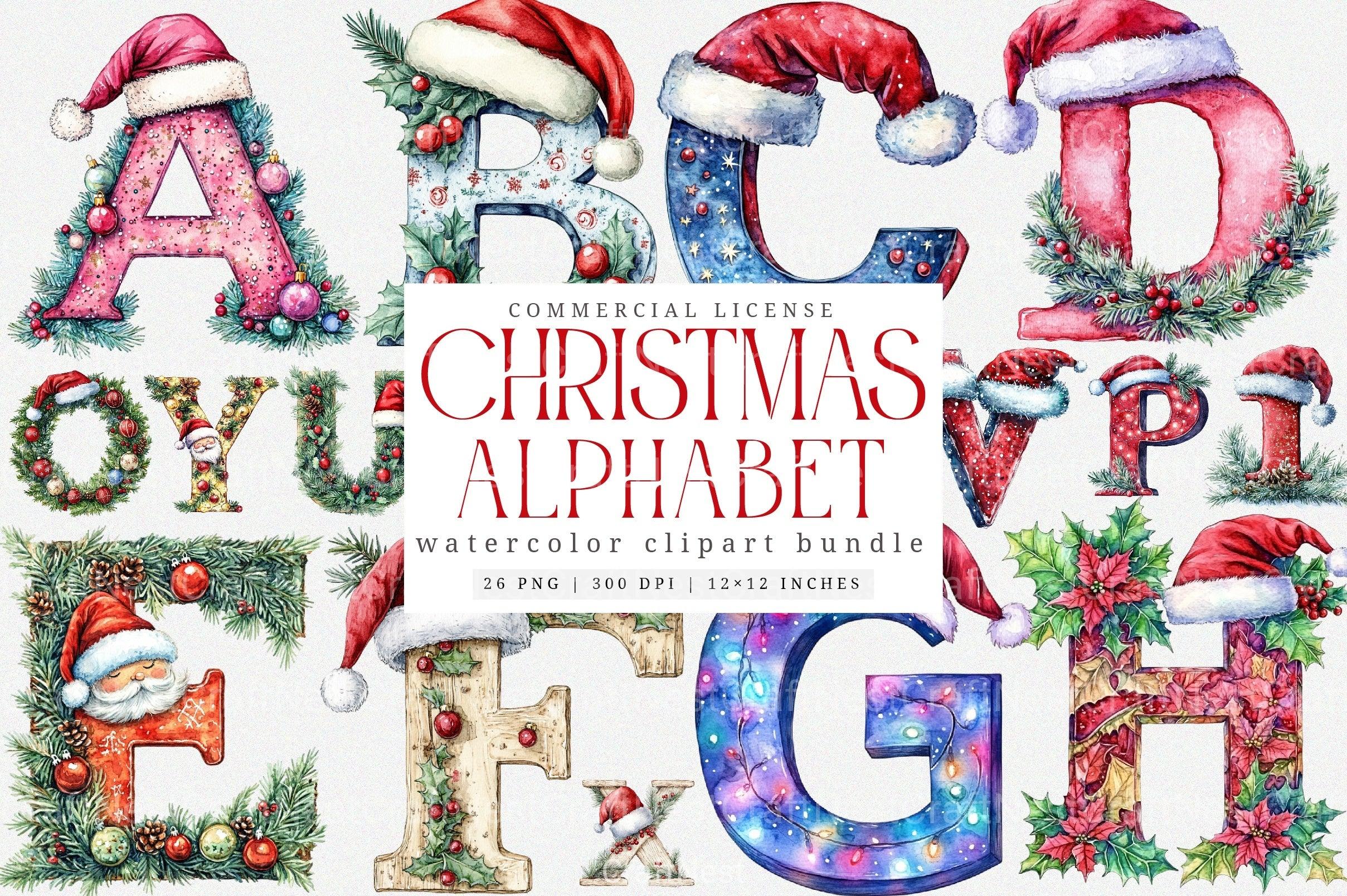 Christmas Alphabet Letters Reindeer Santa Snowman Clipart Bundle