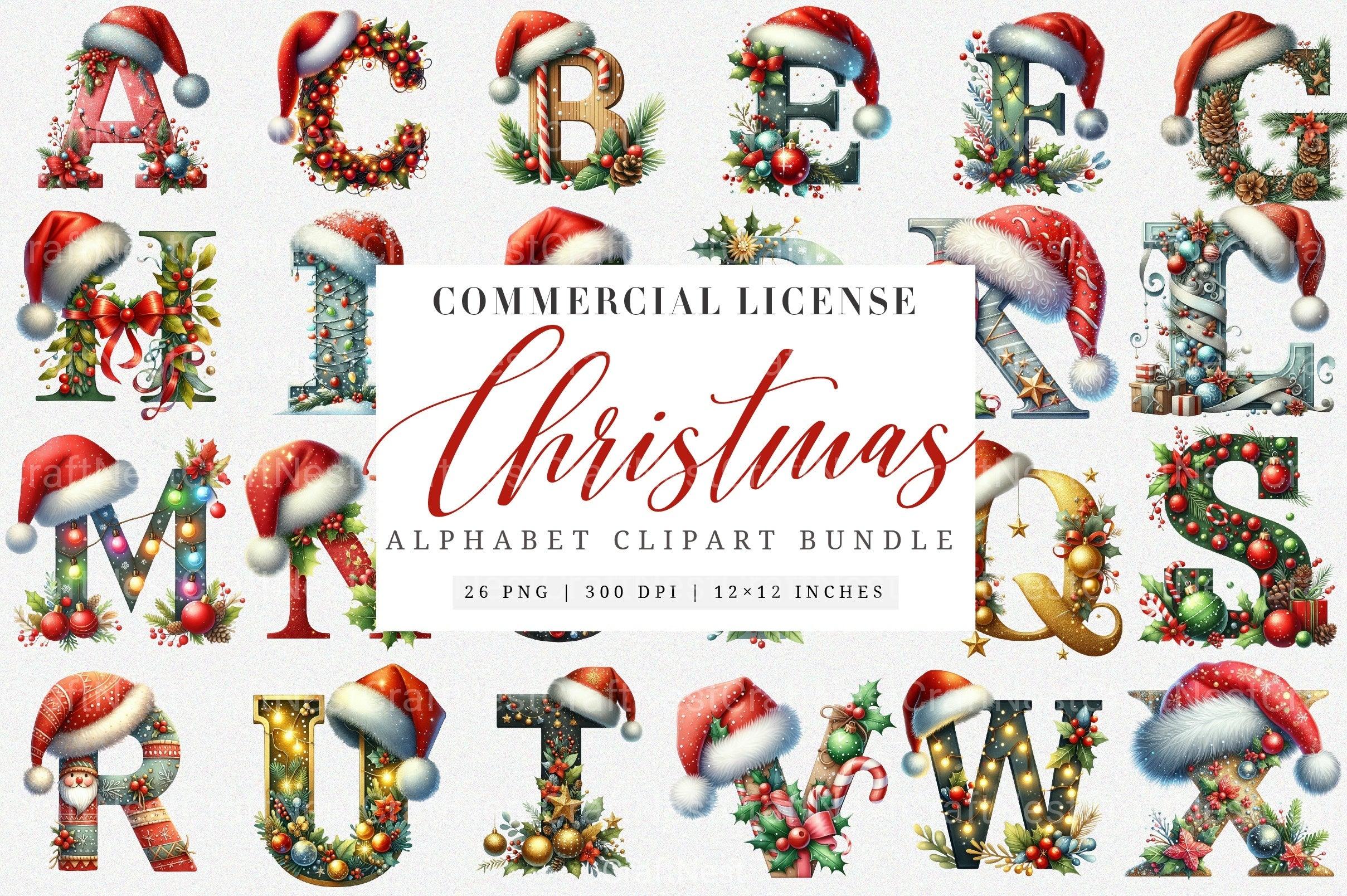 Christmas Alphabet Letters Santa Hat Clipart Bundle