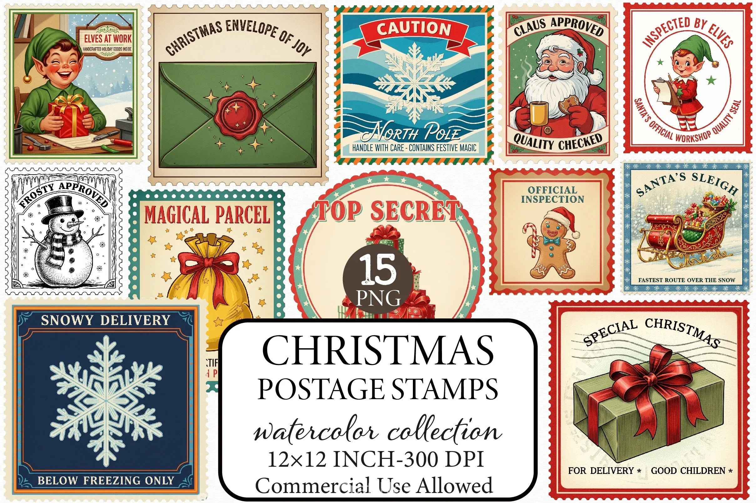 Vintage Christmas Stamps Clipart Bundle