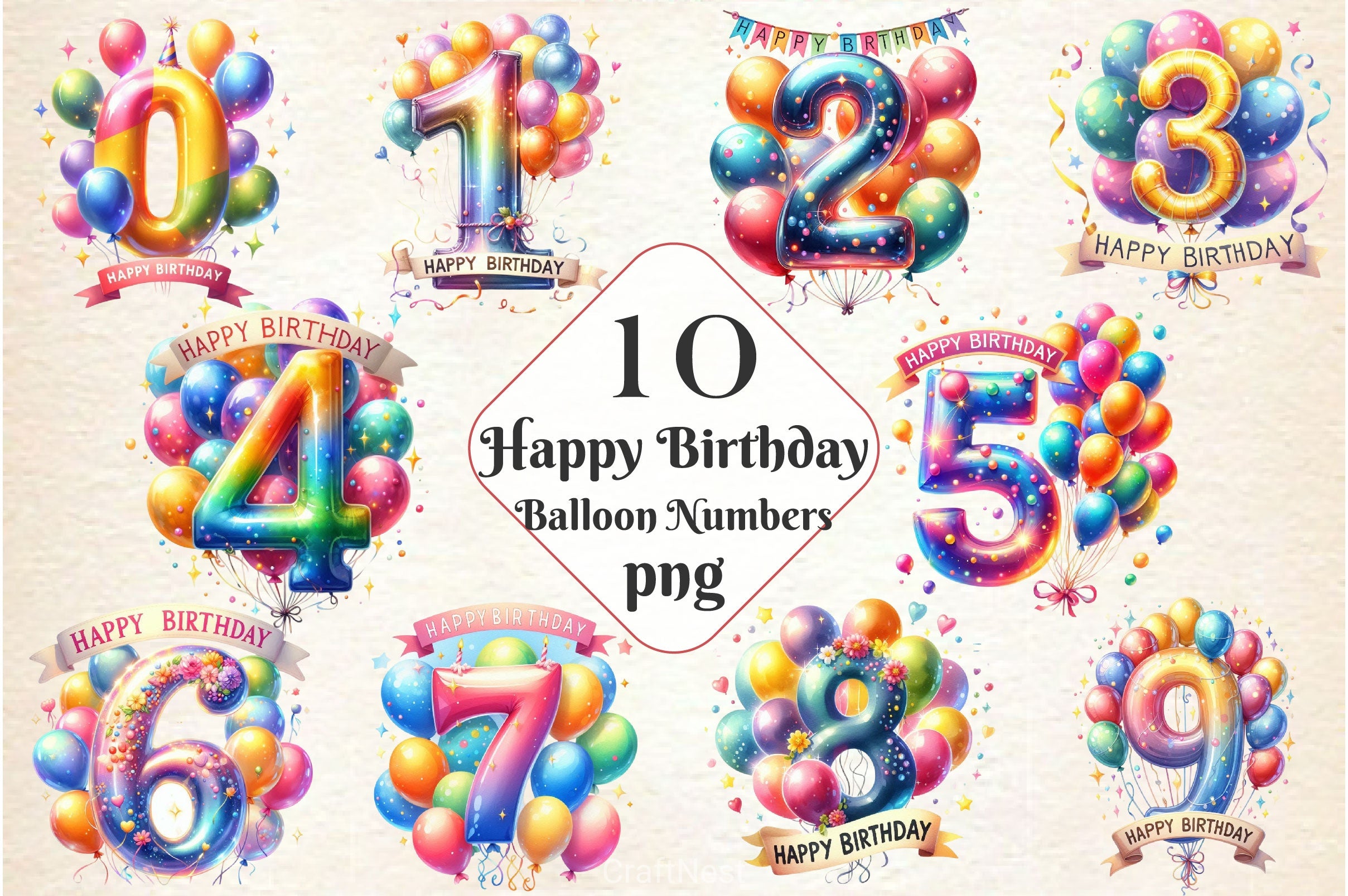 Happy Birthday Balloon Numbers Clipart Bundle 5