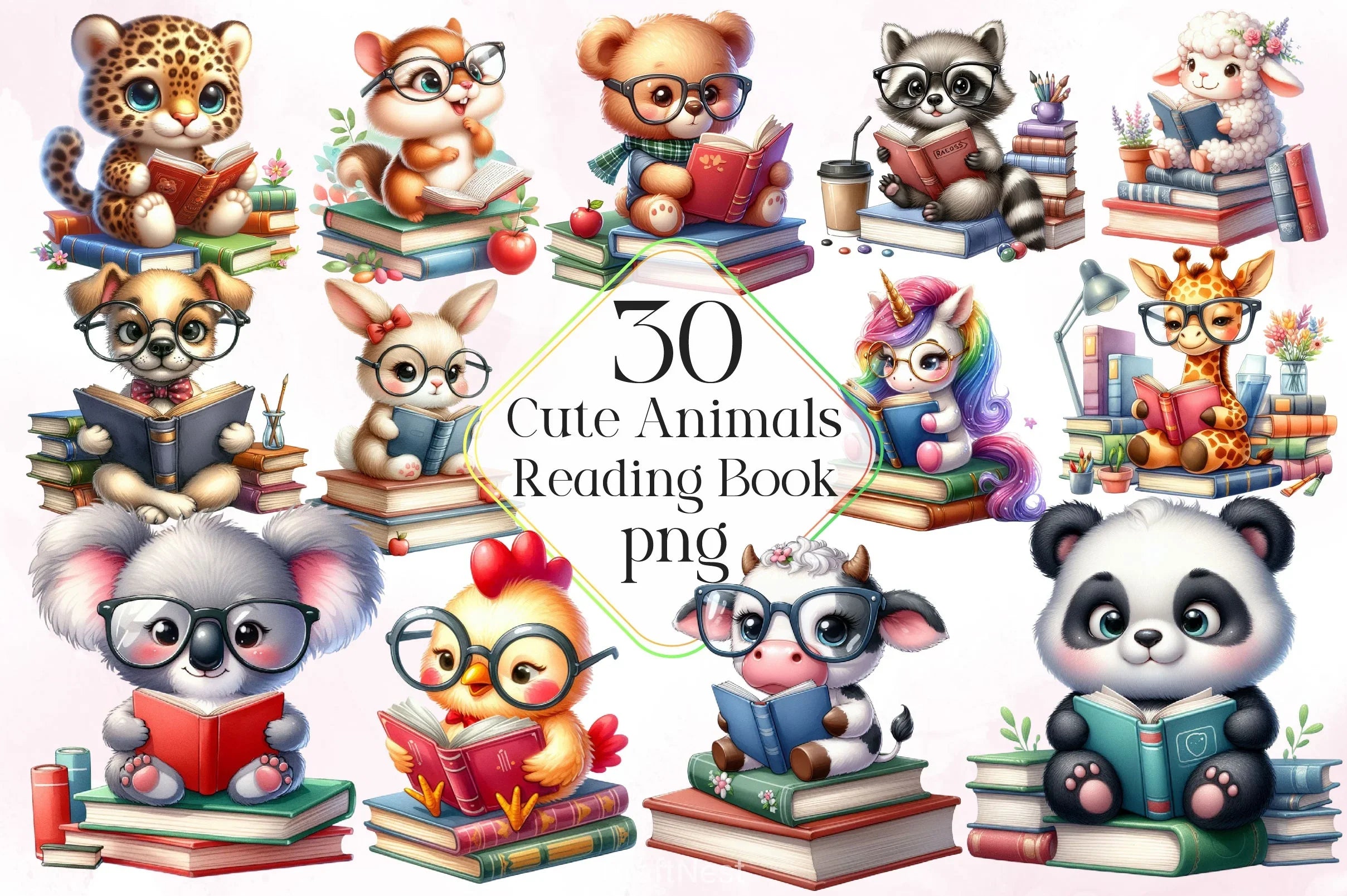 Cute Animals Reading Book Clipart Bundle