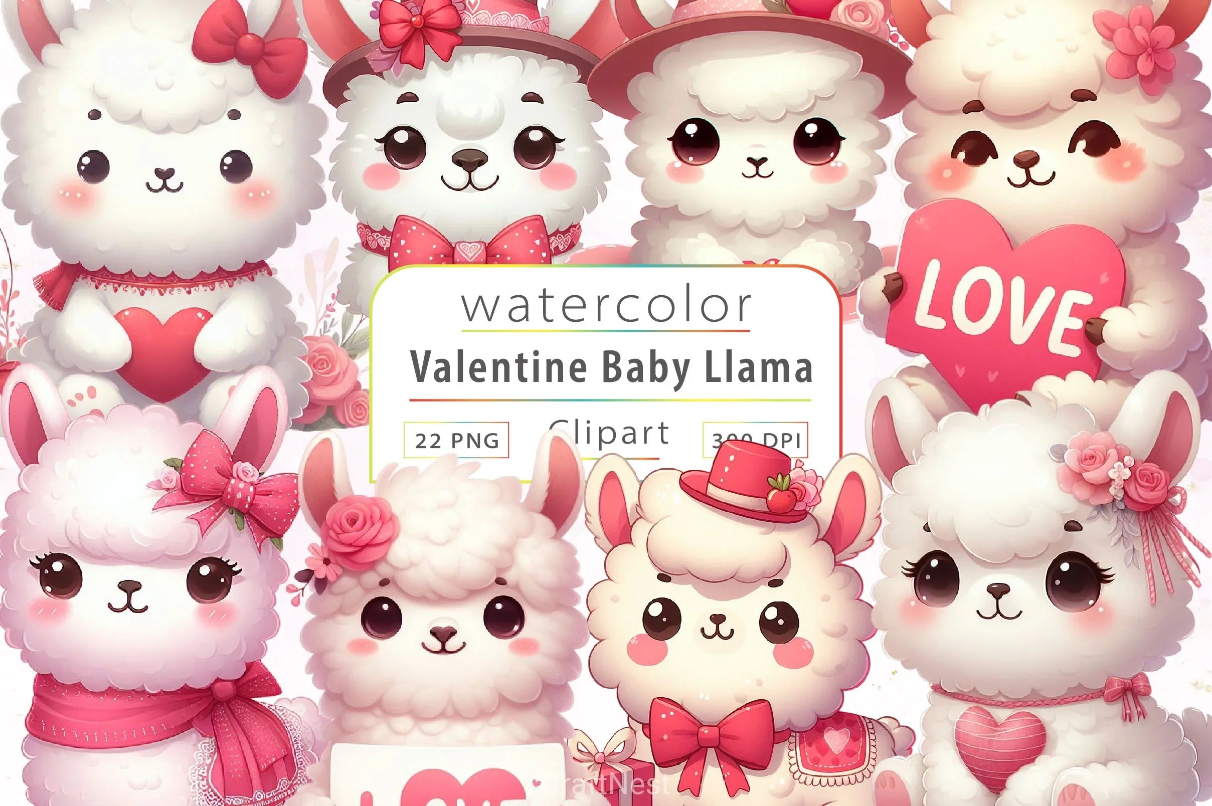 Cute Valentine Baby Llama Clipart Bundle