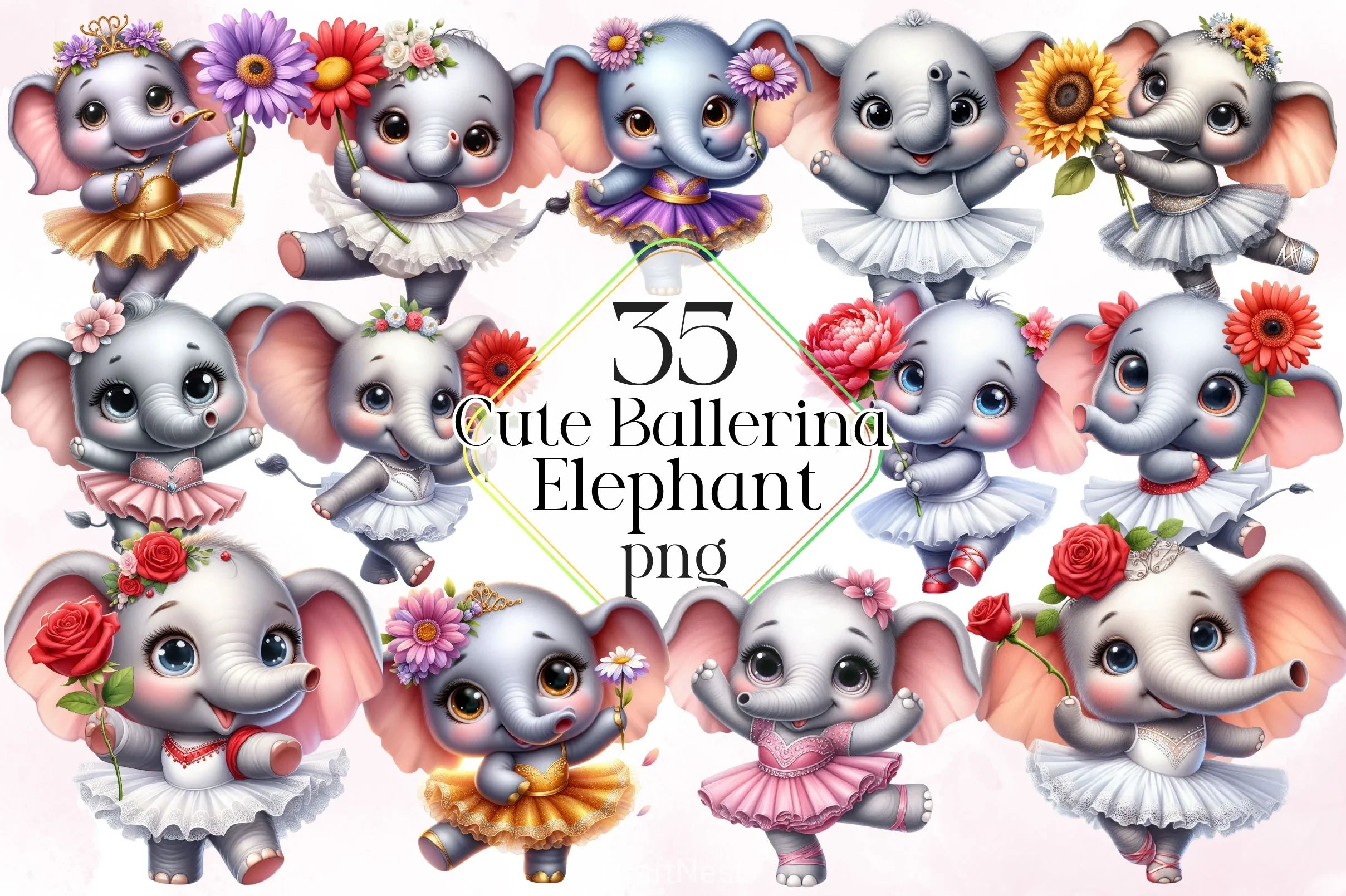 Cute Ballerina Elephant Clipart Bundle