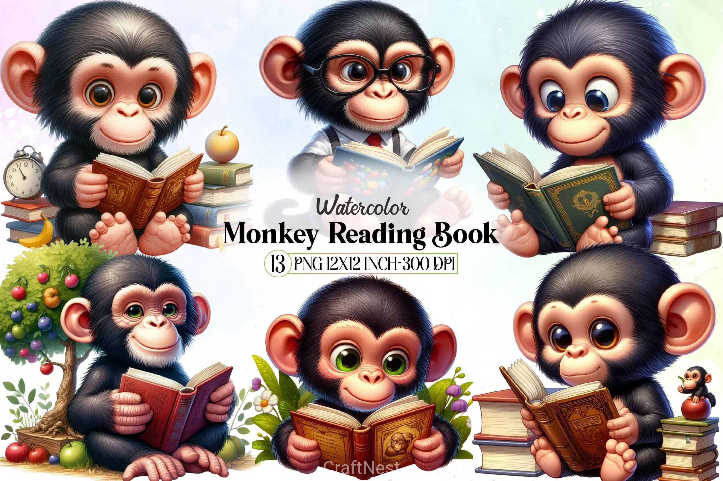 Cute Monkey Reading Clipart Bundle