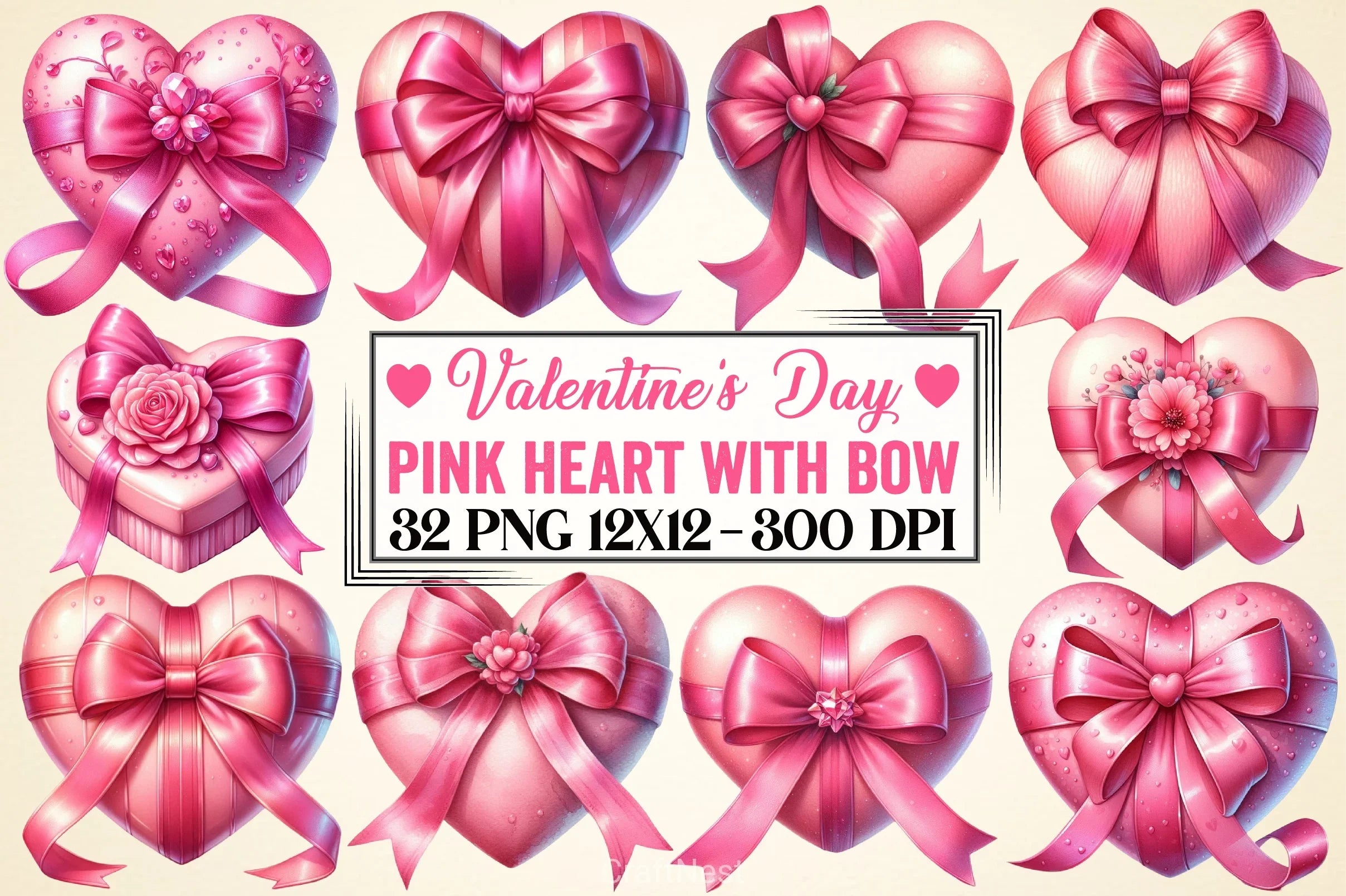 Valentine's Pink Heart Bow Clipart Bundle