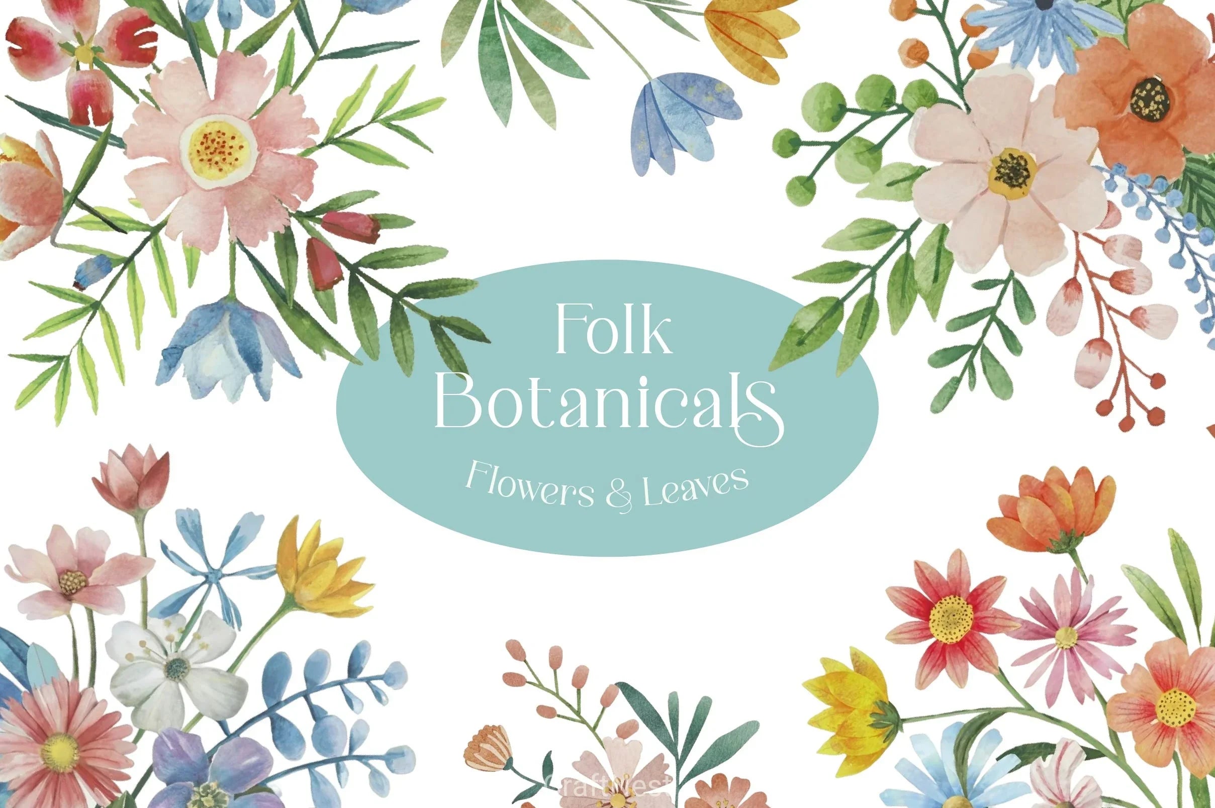 Pastel Folk Art Botanicals Flowers Clipart Bundle