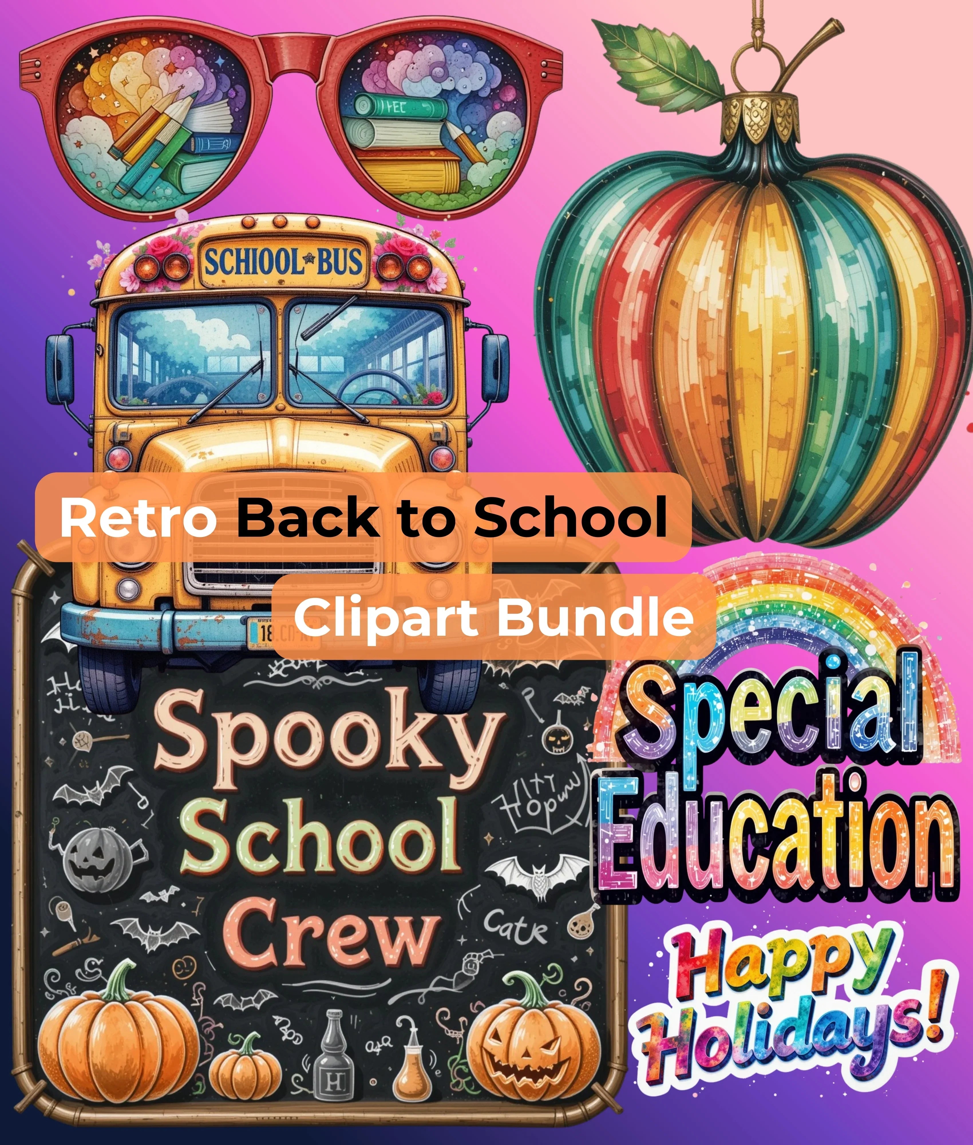 Retro Back to School Clipart Bundle