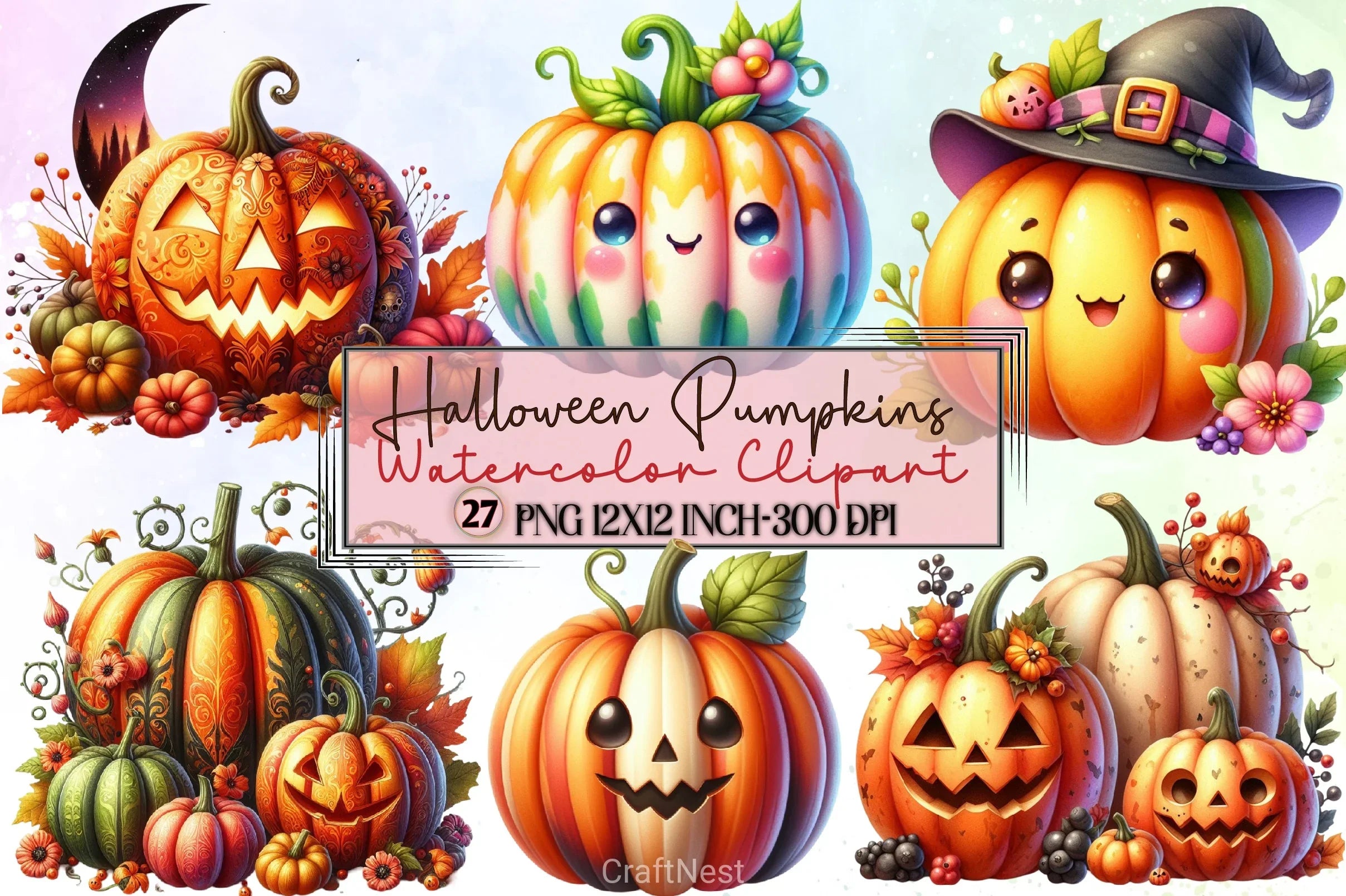 Cute Halloween Pumpkins Clipart Bundle