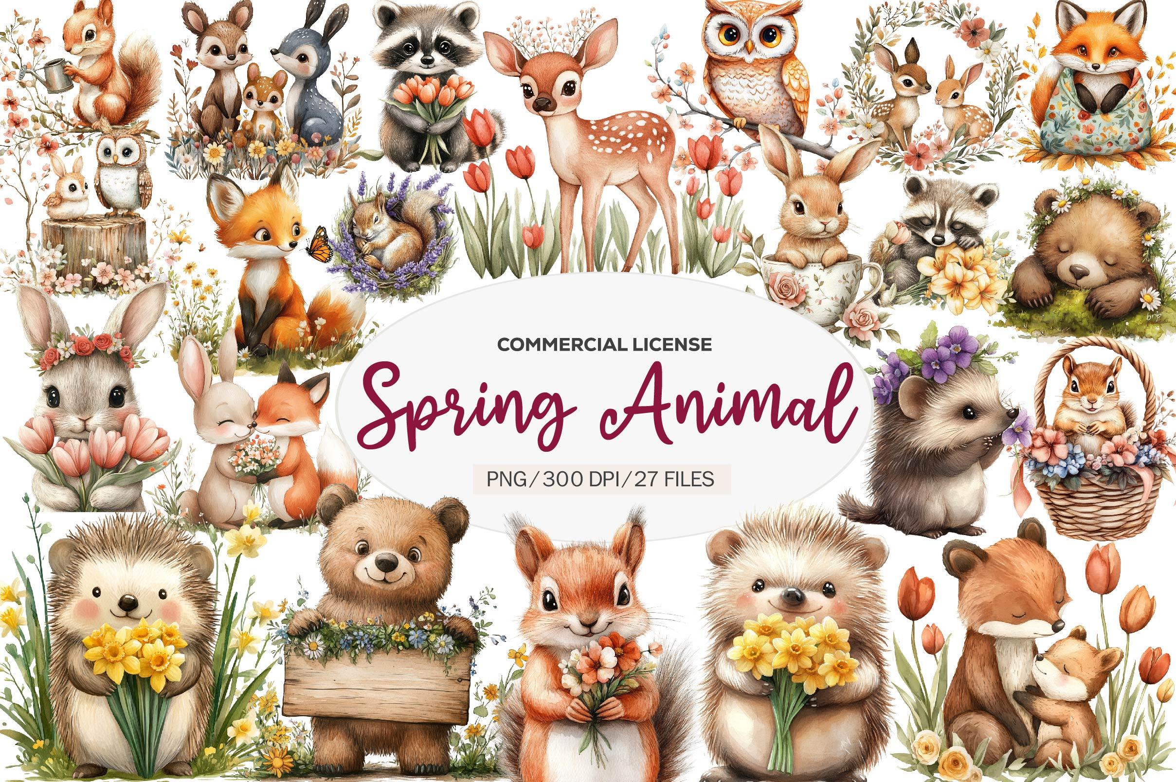 Woodland Spring Floral Cute Animal Clipart Bundle