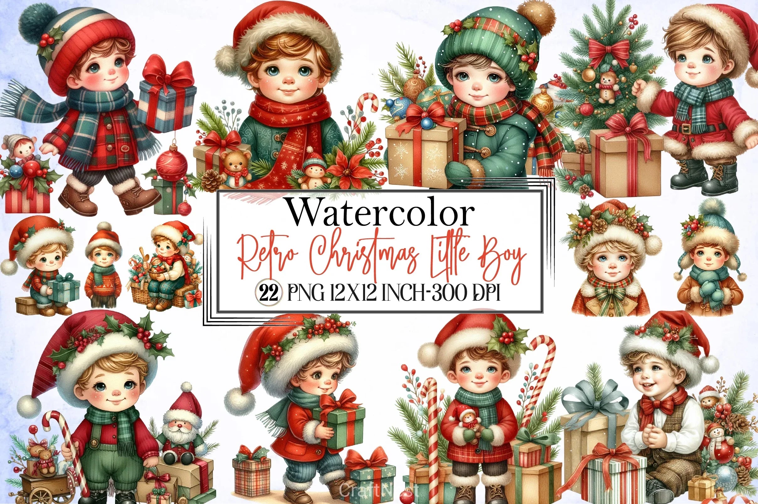 Retro Christmas Boy Clipart Bundle
