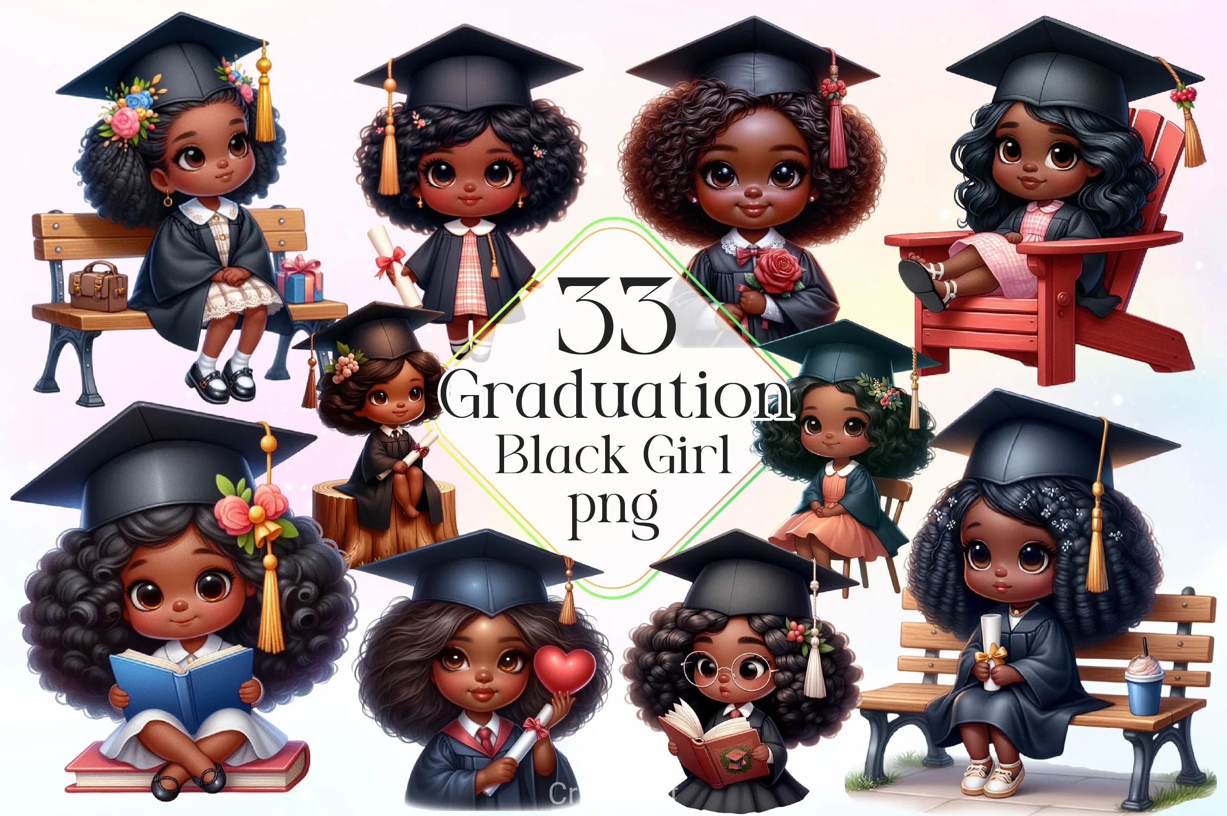 Cute Black Graduation Girl Clipart Bundle