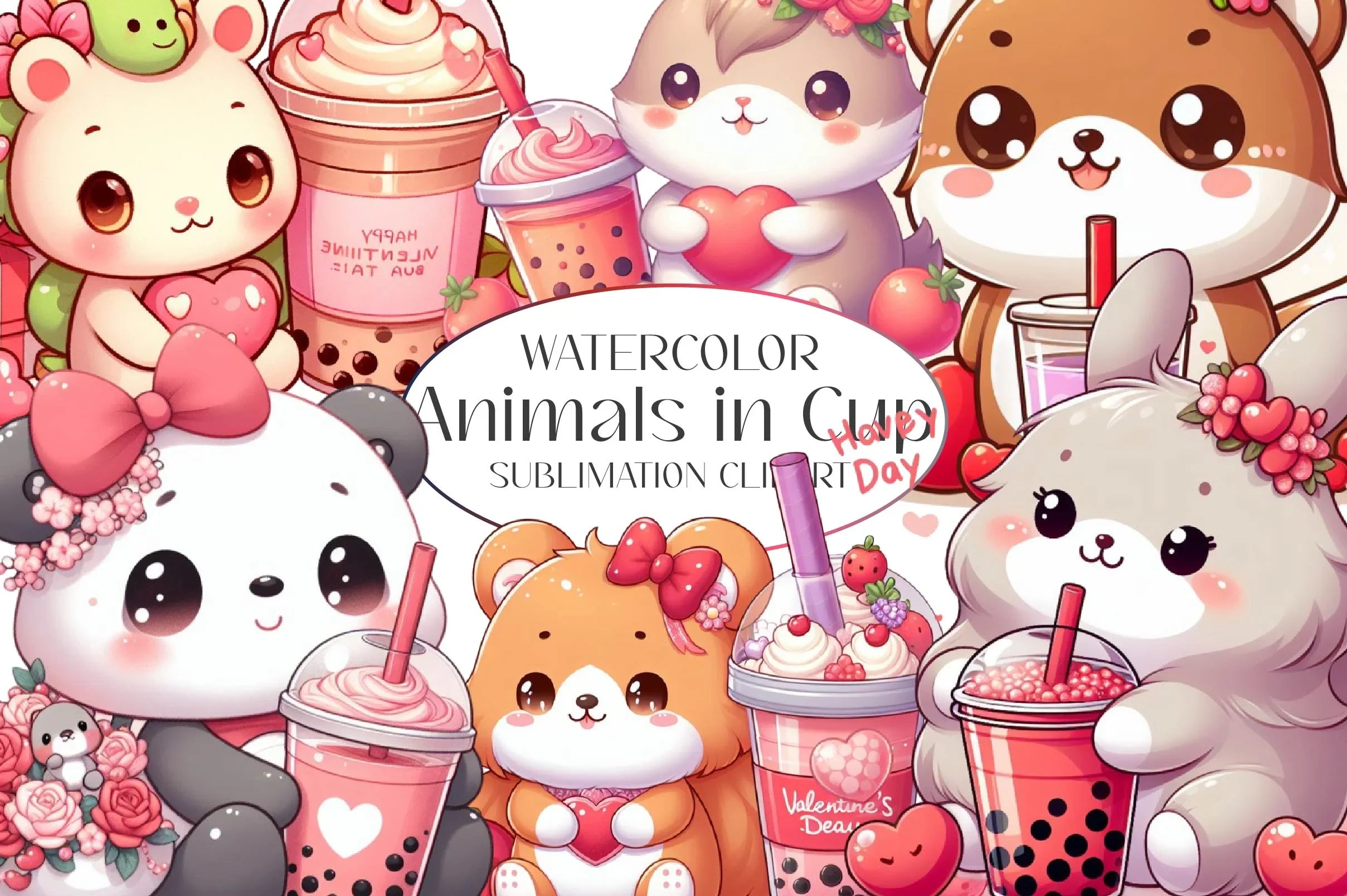 Cute Animals In Cup Clipart Bundle