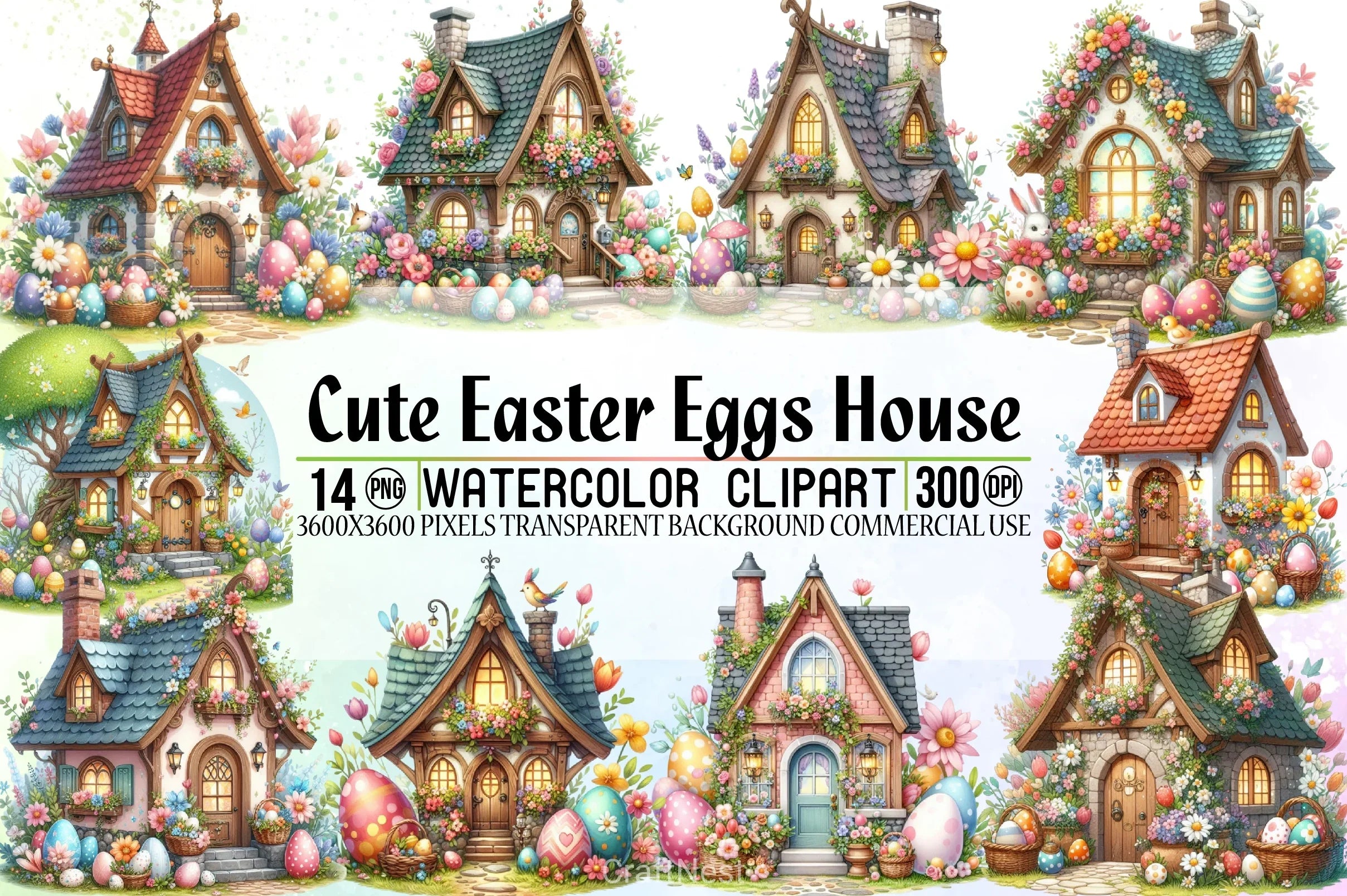 Cute Easter Eggs House Clipart Bundle