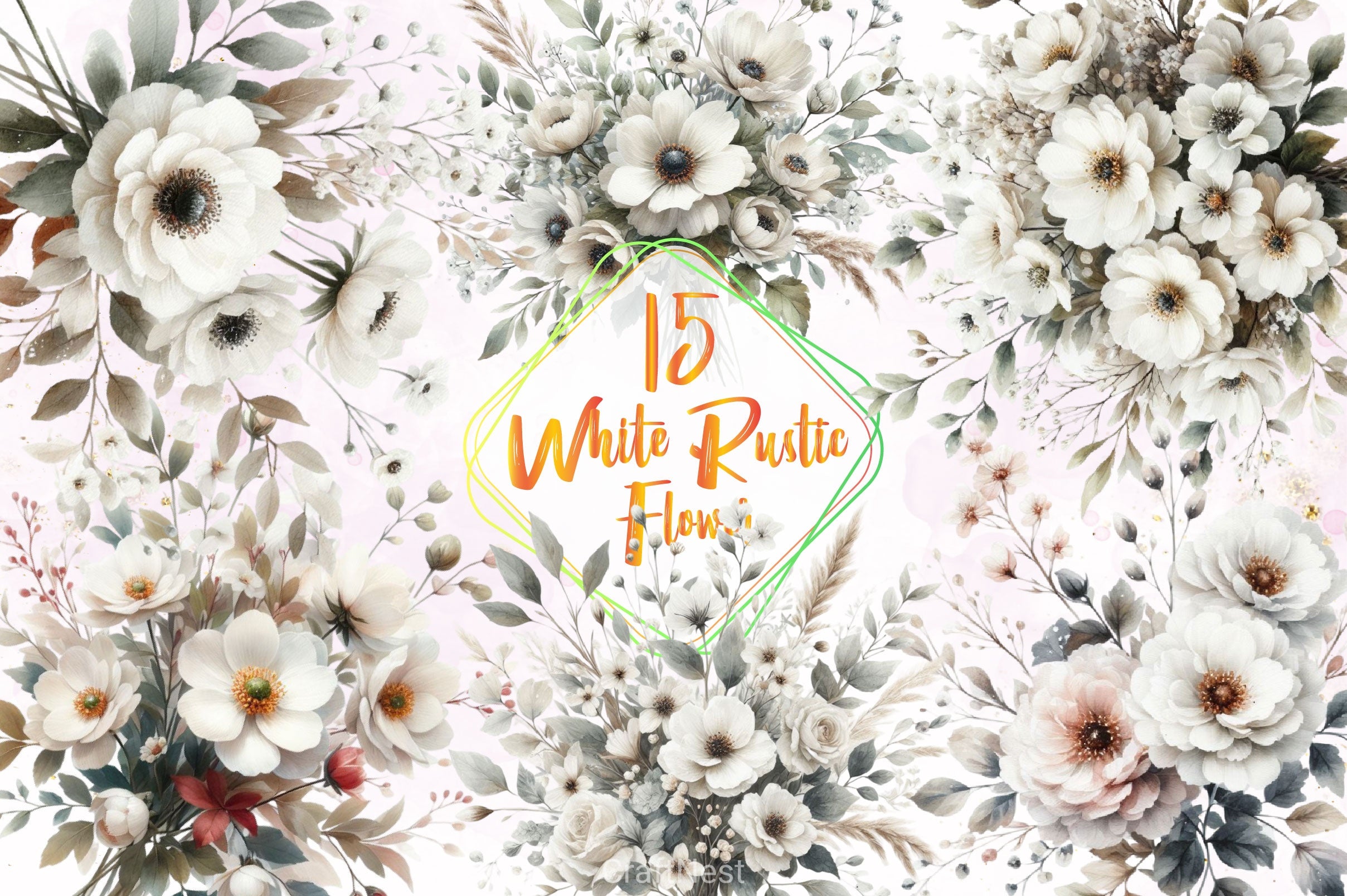White Rustic Flower Clipart Bundle