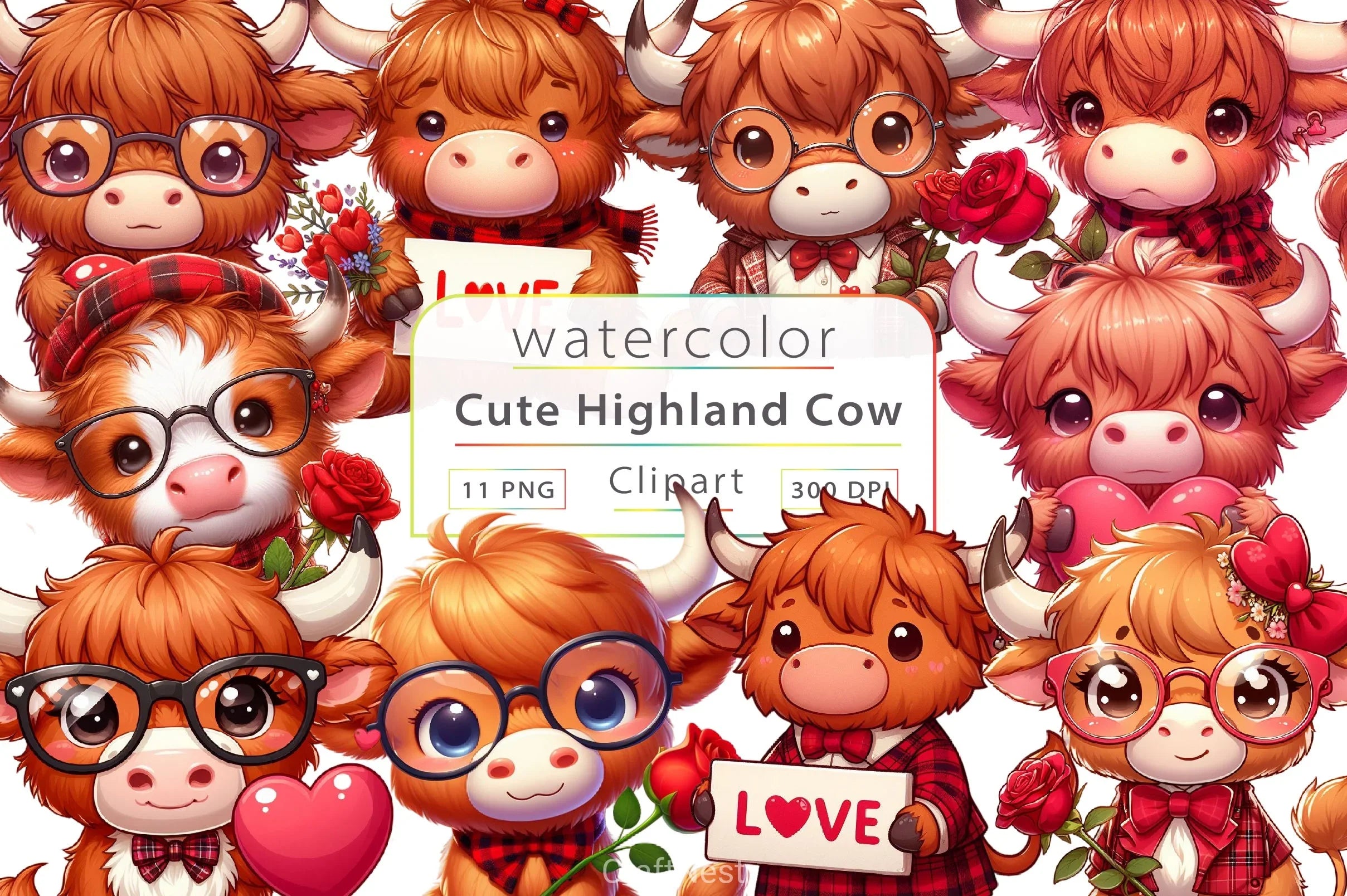 Valentines Day Highland Cow Clipart Bundle