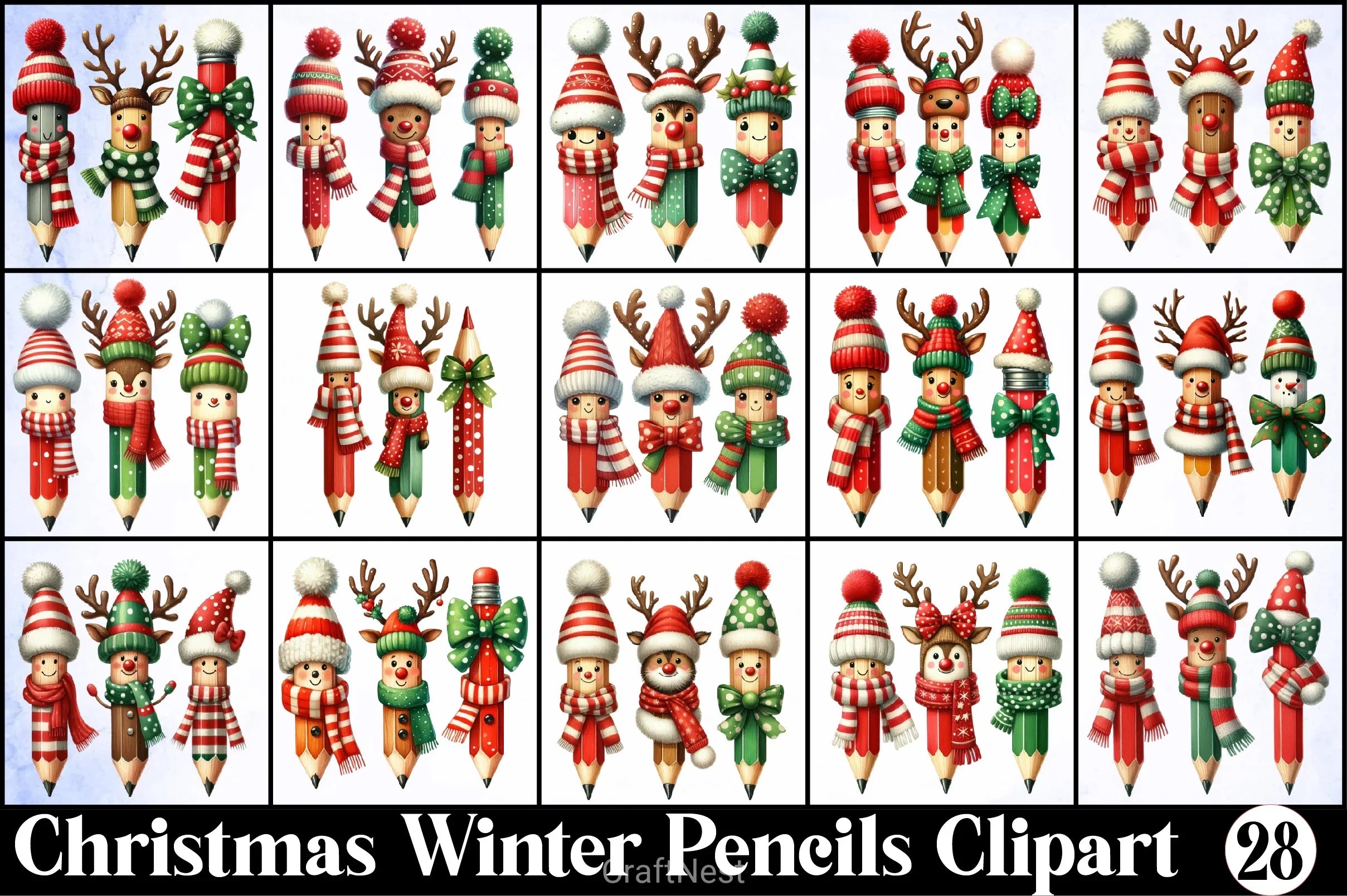 Christmas Winter Pencils Clipart Bundle