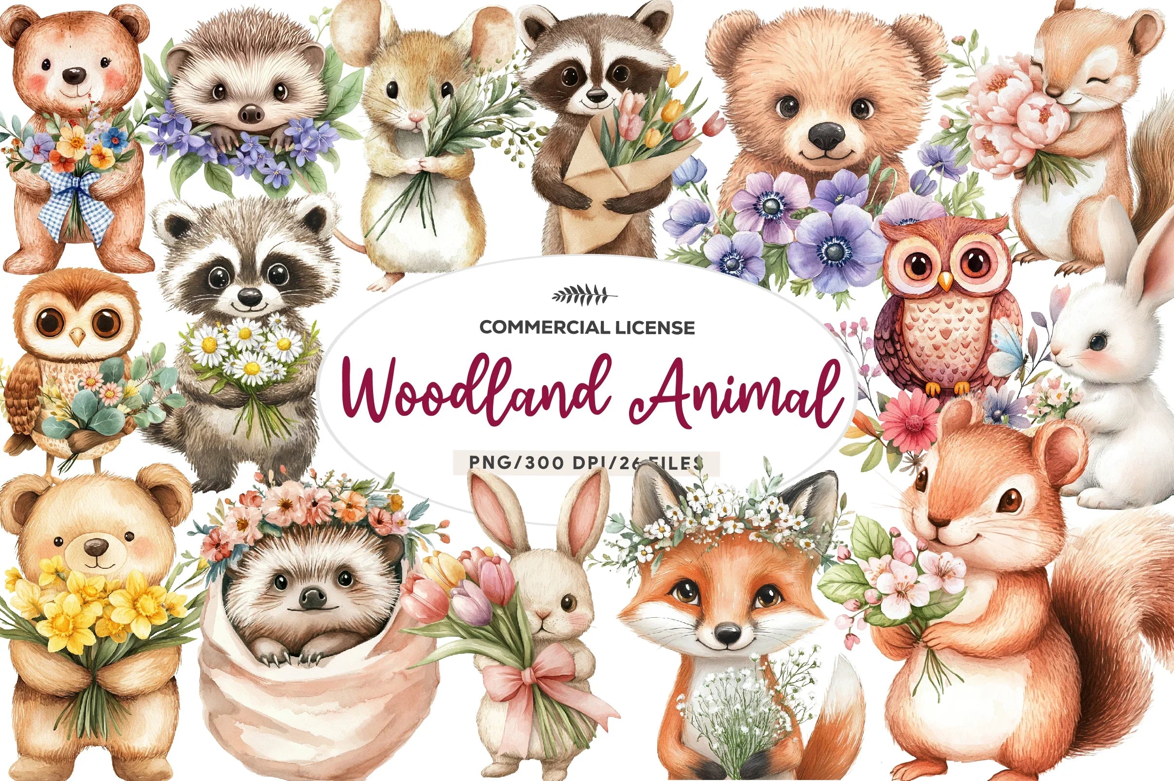 Spring Woodland Animal With Bouquet Clipart Bundle