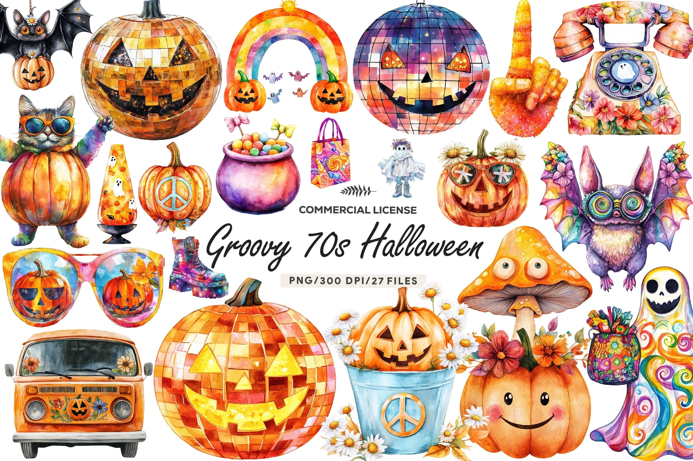 Groovy 70s Halloween Clipart Bundle