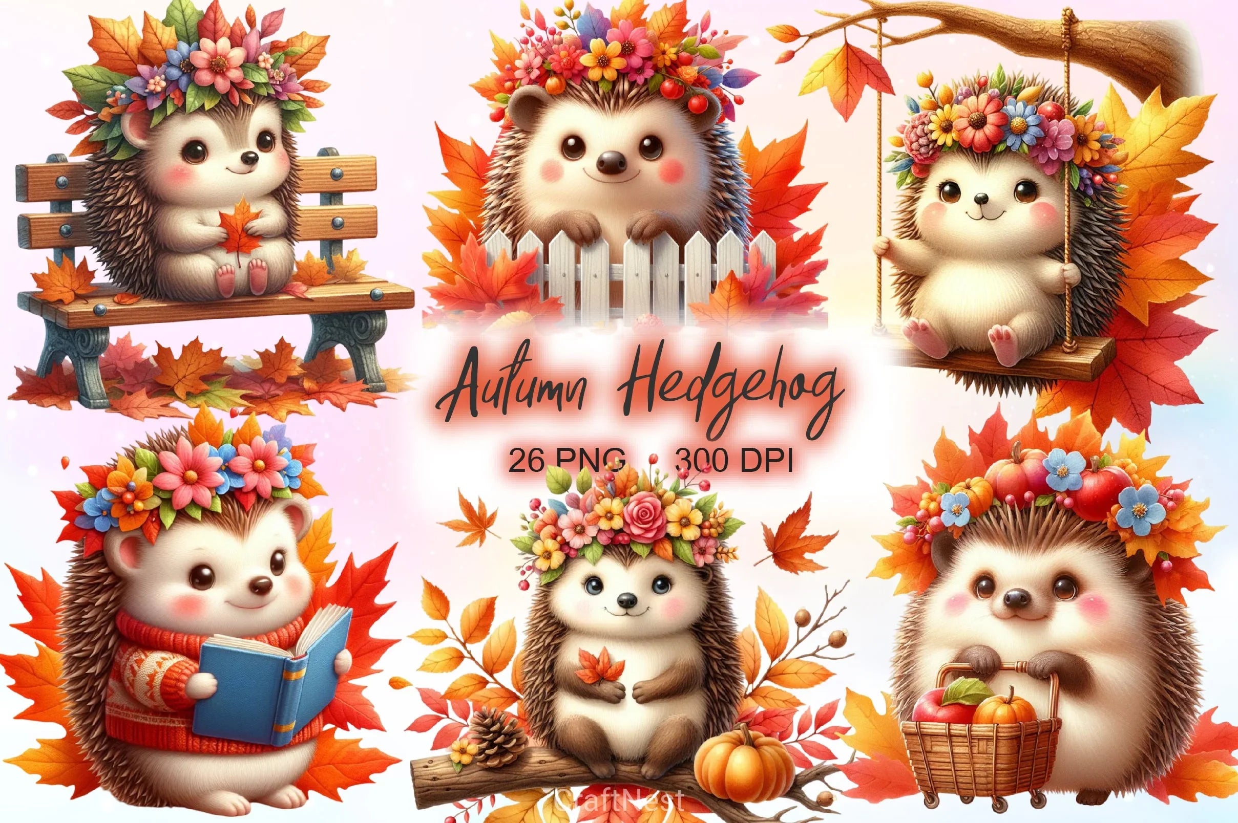 Autumn Cute Hedgehog Clipart Bundle