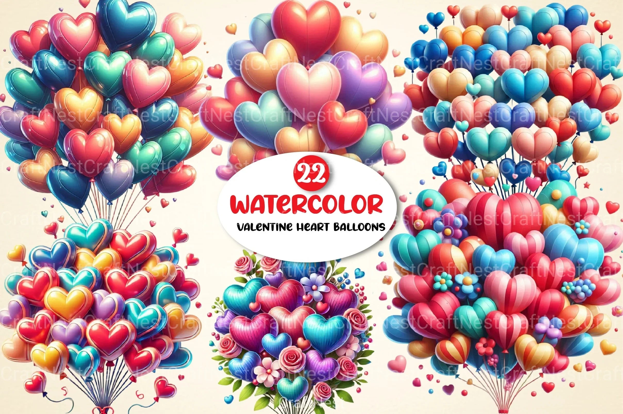 Valentine Heart Balloons Clipart Bundle
