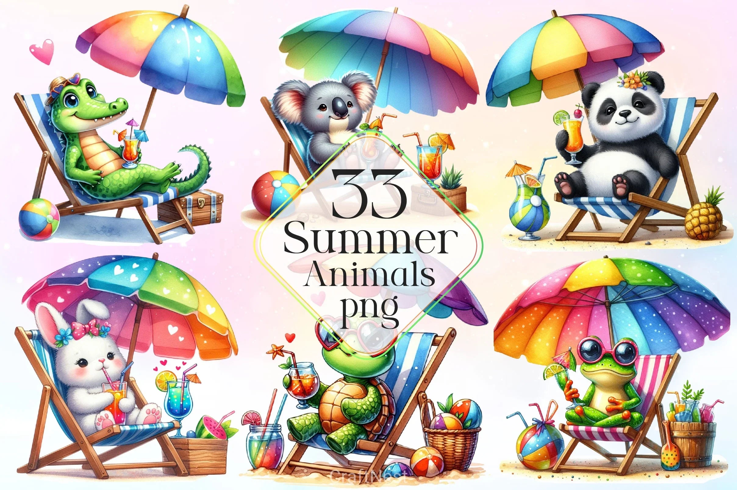 Summer Animals Relaxing On Beach Clipart Bundle
