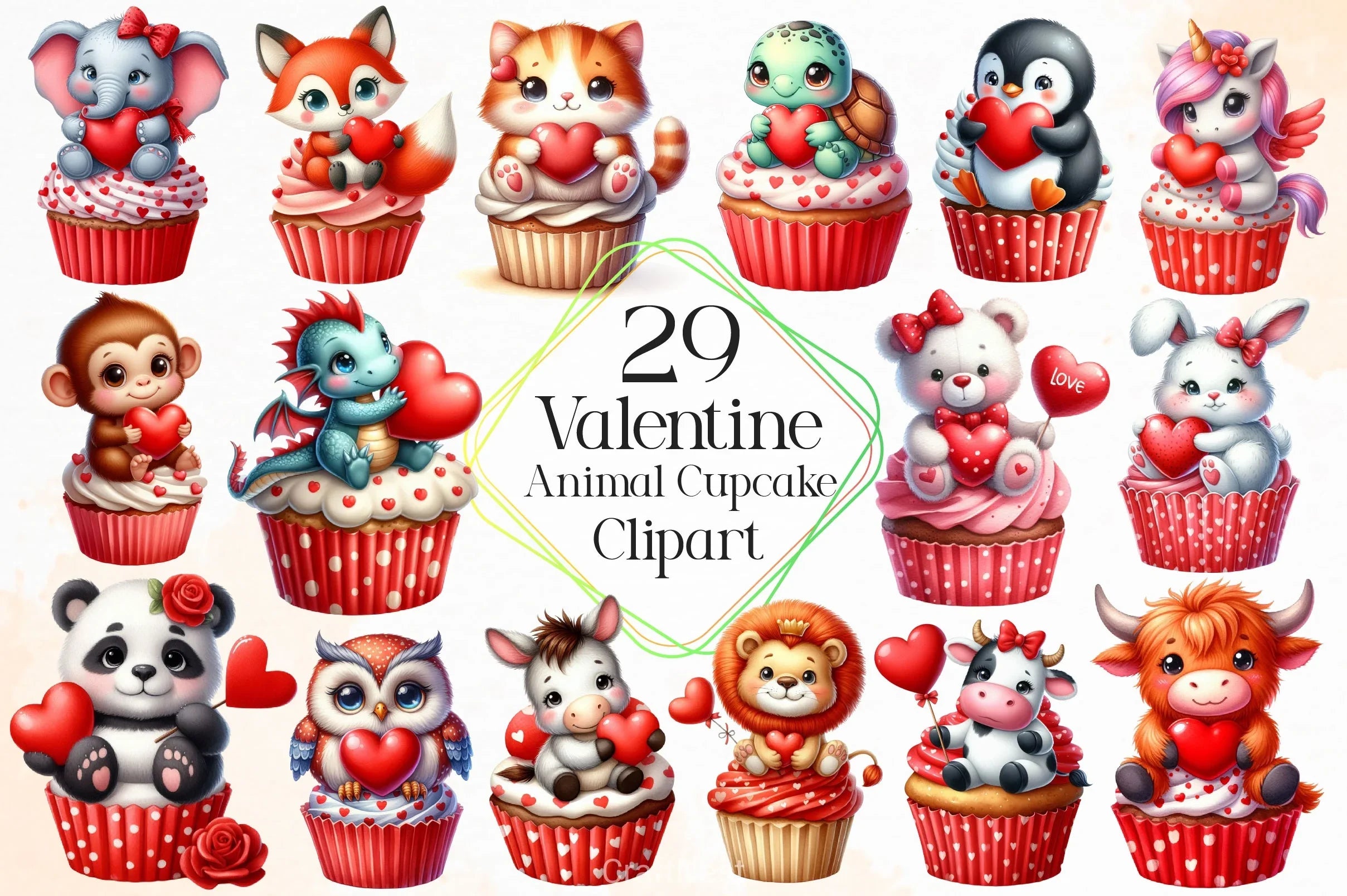 Cute Valentine Animal Cupcake Clipart Bundle