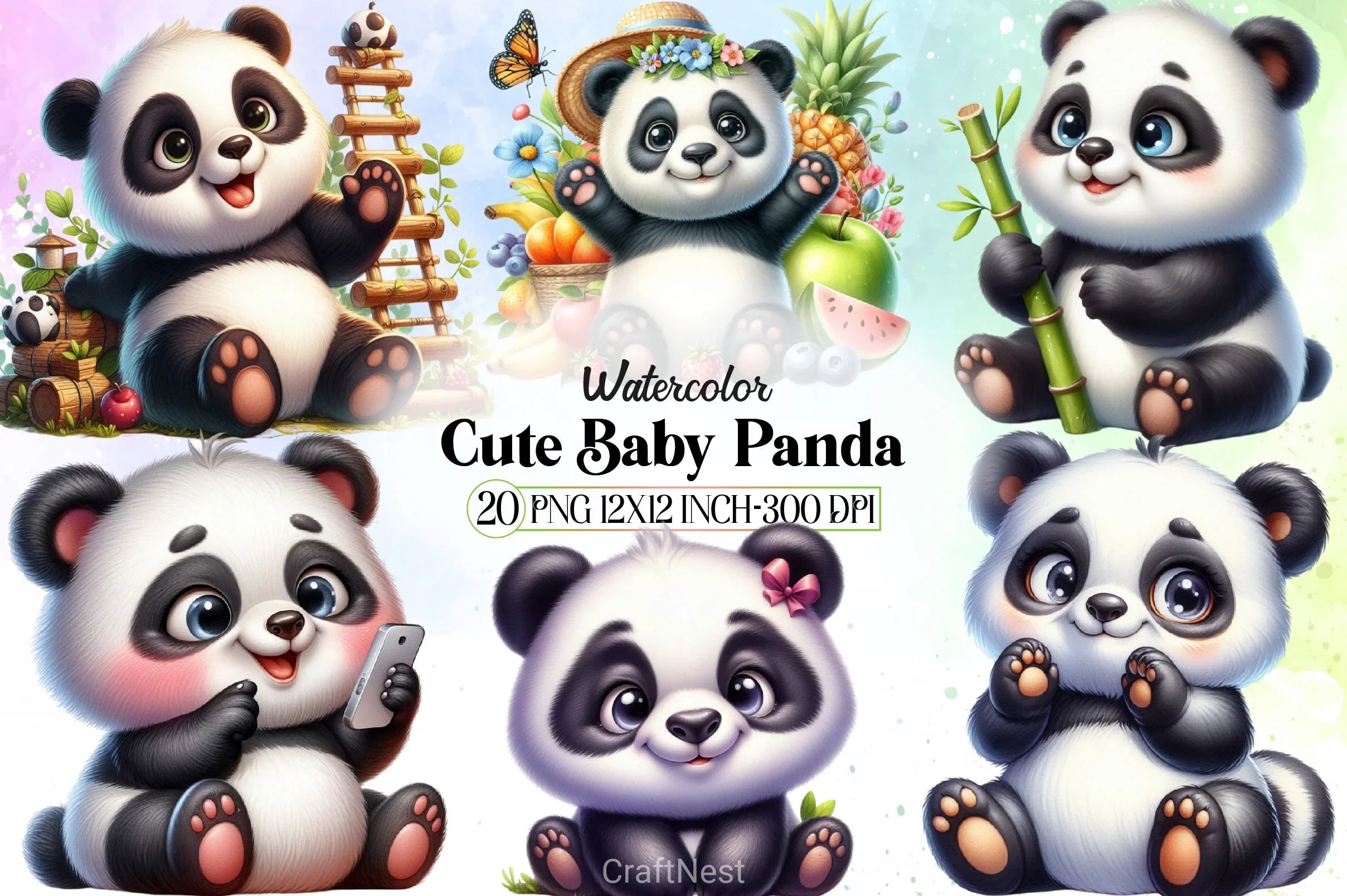 Cute Baby Panda Clipart Bundle
