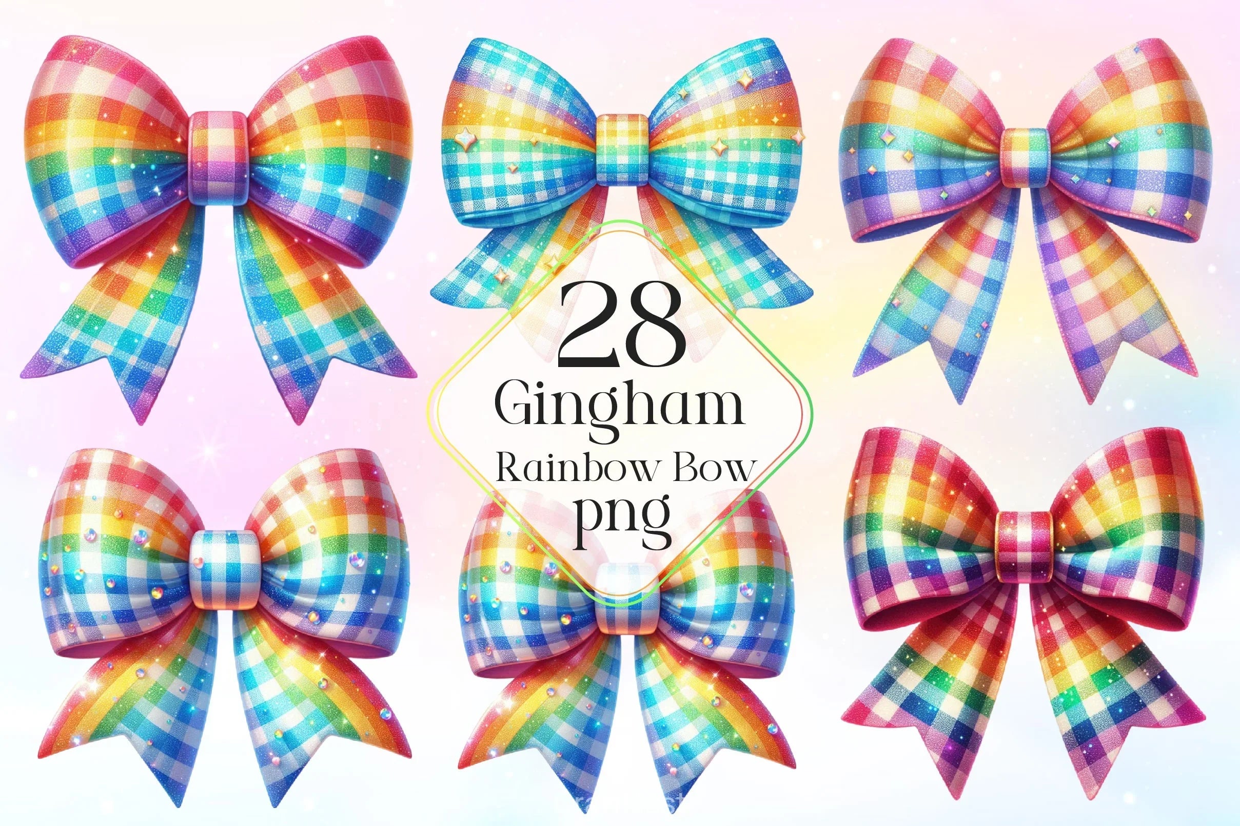 Gingham Rainbow Bow Clipart Bundle