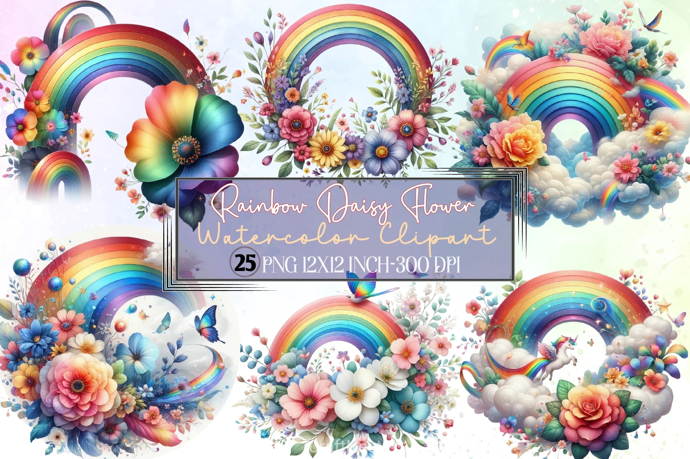 Rainbow Daisy Flower Clipart Bundle