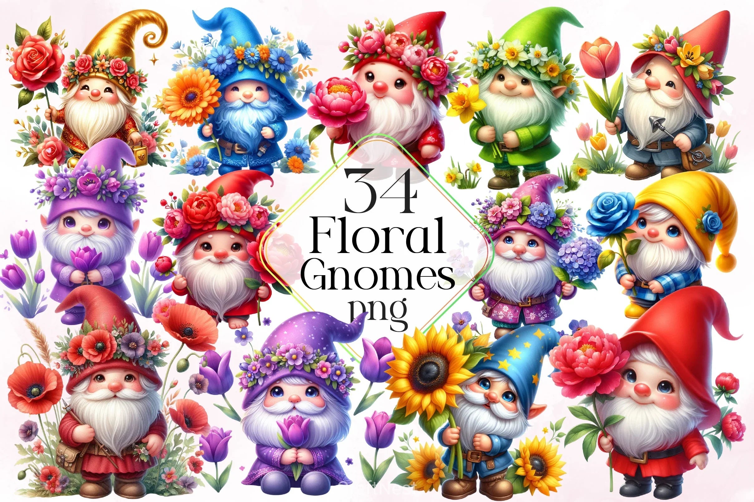 Floral Gnomes Clipart Bundle