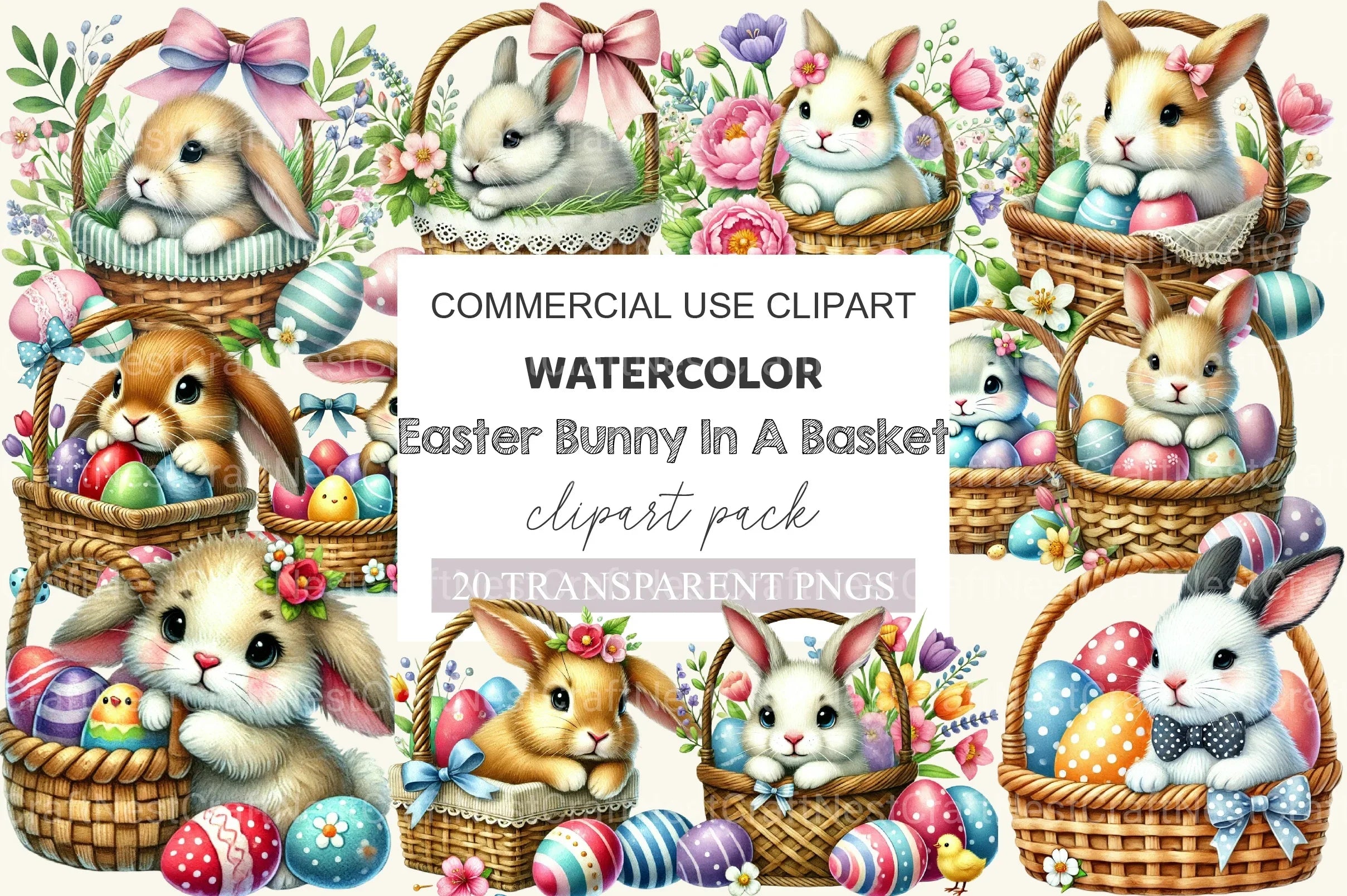 Easter Bunny In A Basket Clipart Bundle