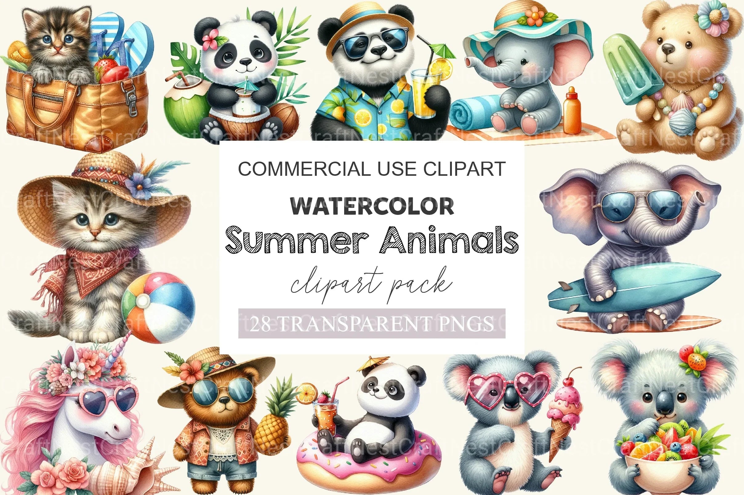 Cute Summer Animals Clipart Bundle