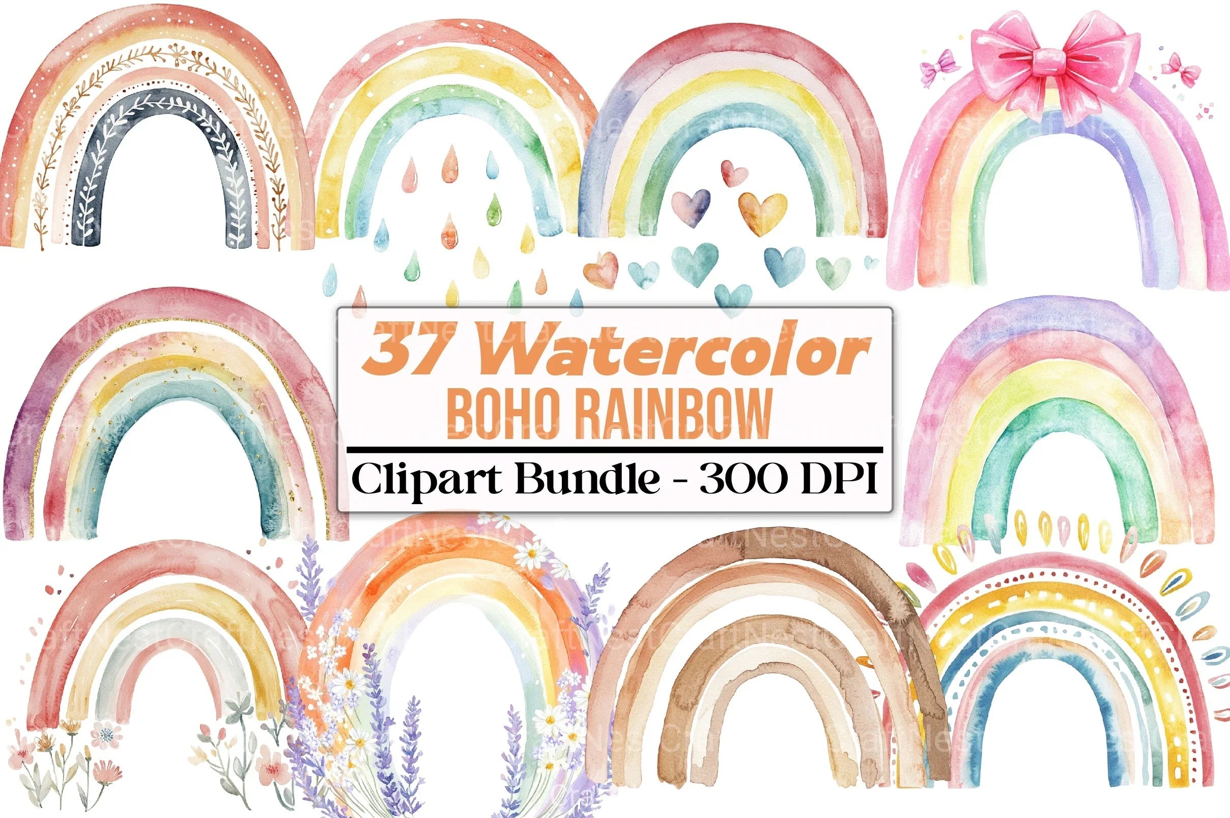Cute Pastel Boho Rainbow Clipart Bundle