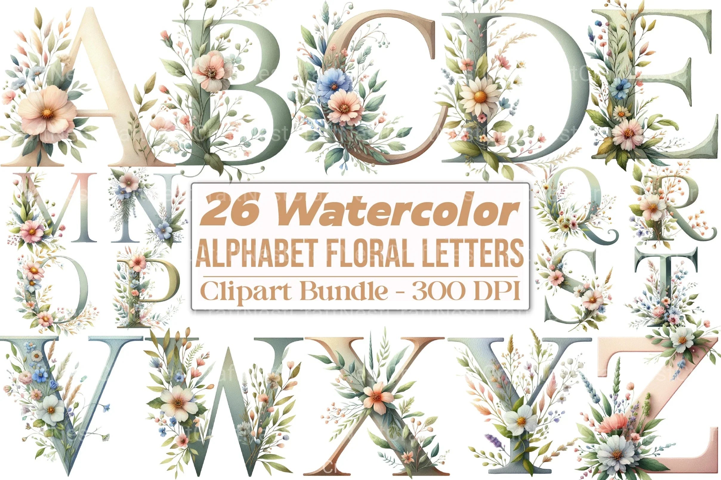 Floral Alphabet Letters Clipart Bundle