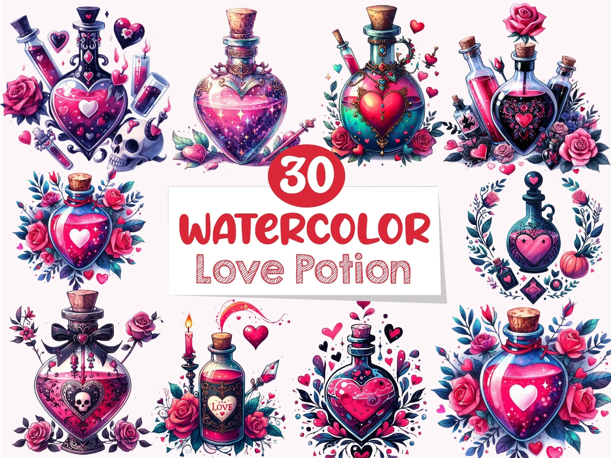 Valentine Gothic Love Potion Clipart Bundle