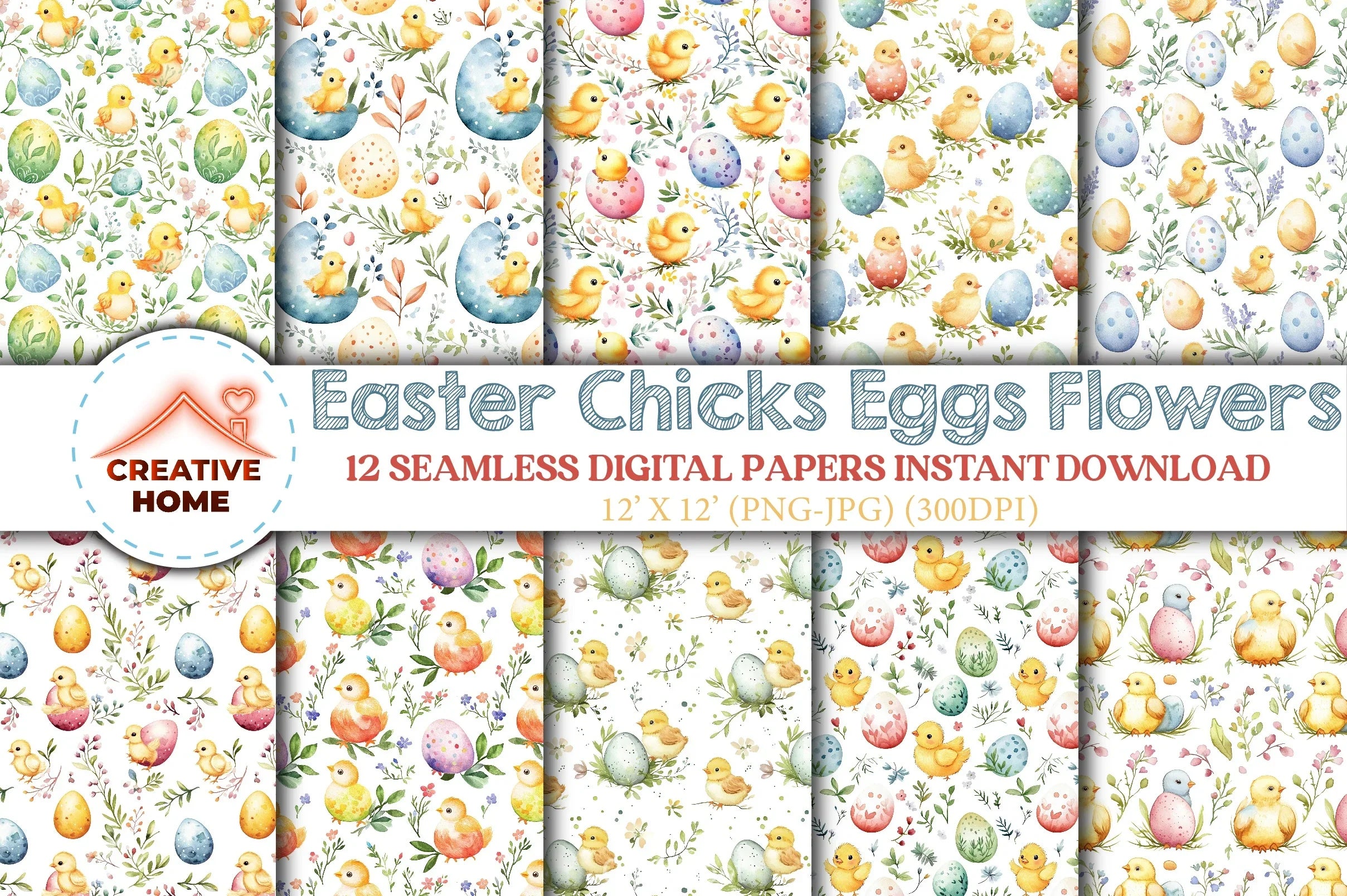 Easter Chicks Eggs Flowers Clipart Bundle