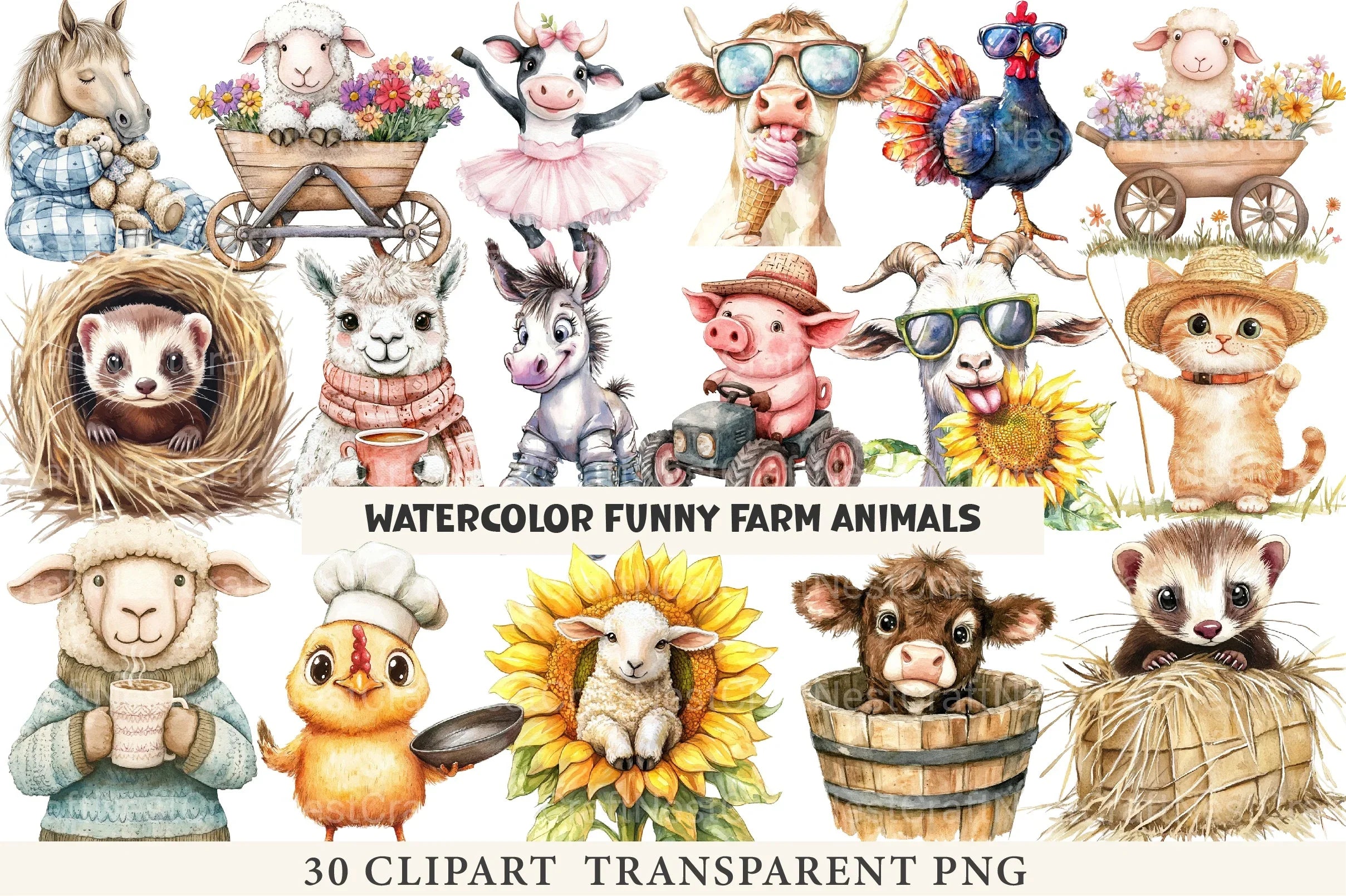 Funny Farm Animals Clipart Bundle