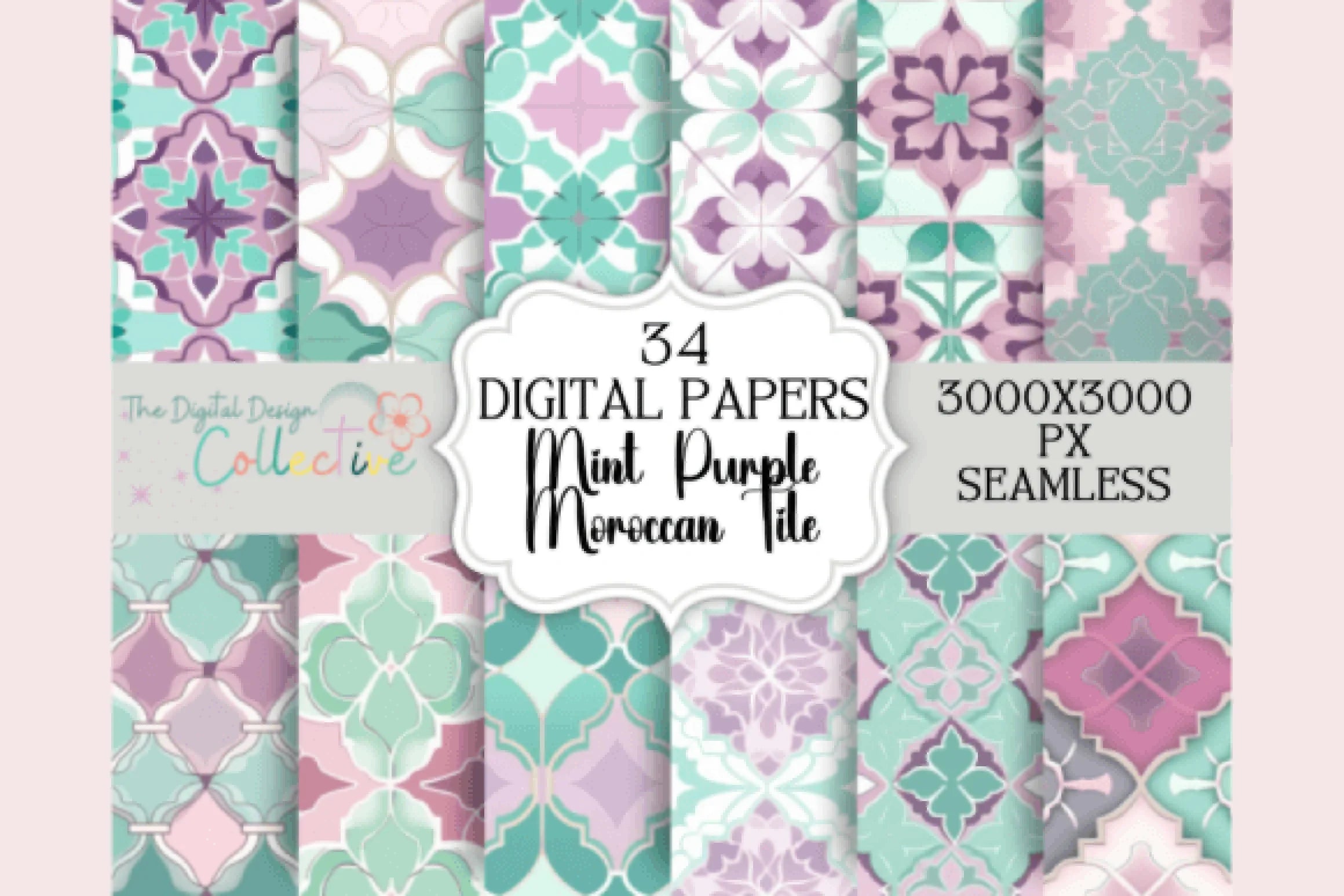 Seamless Mint Purple Moroccan Tile Design Digital Paper