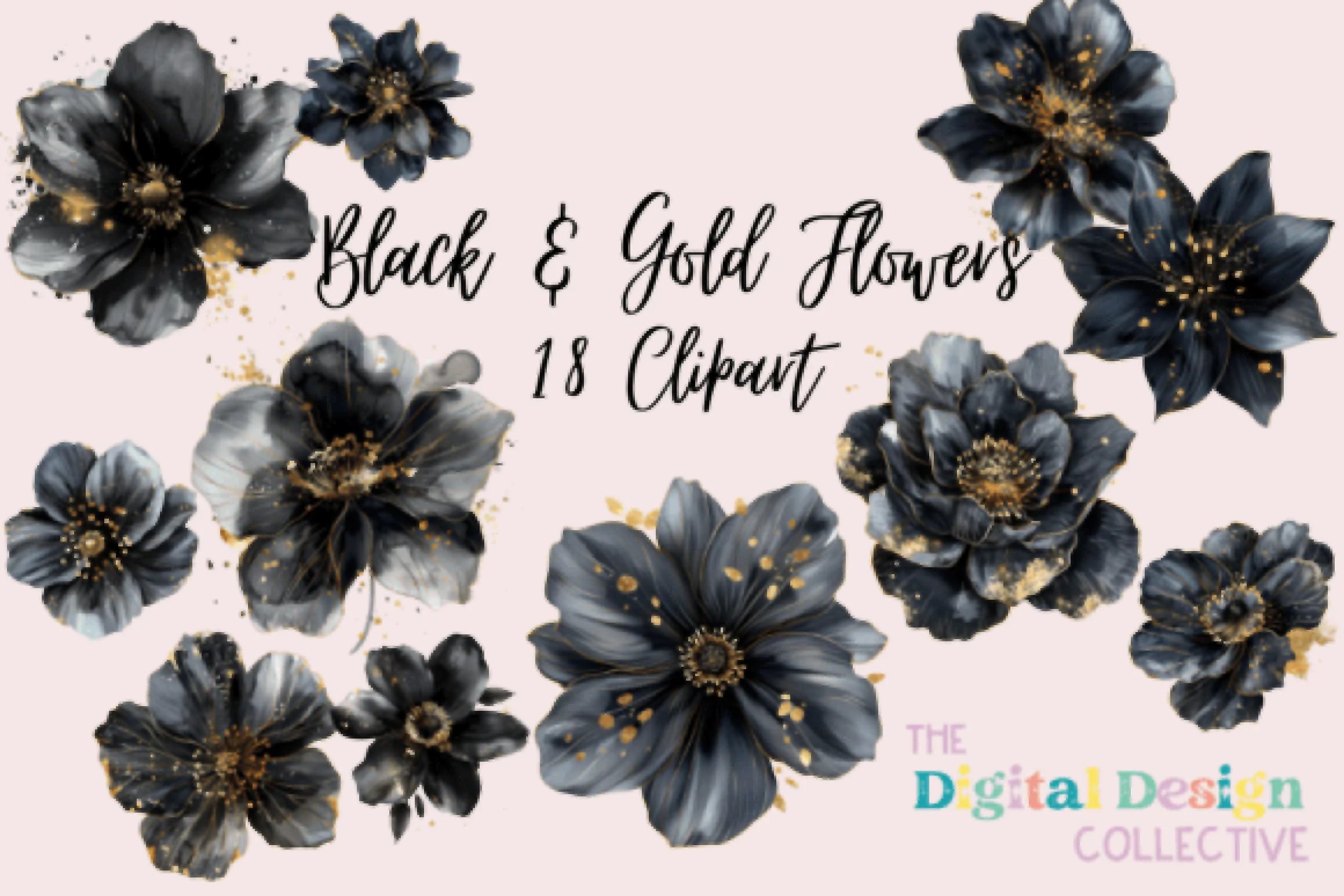 Elegant Black Gold Floral Clipart Bundle