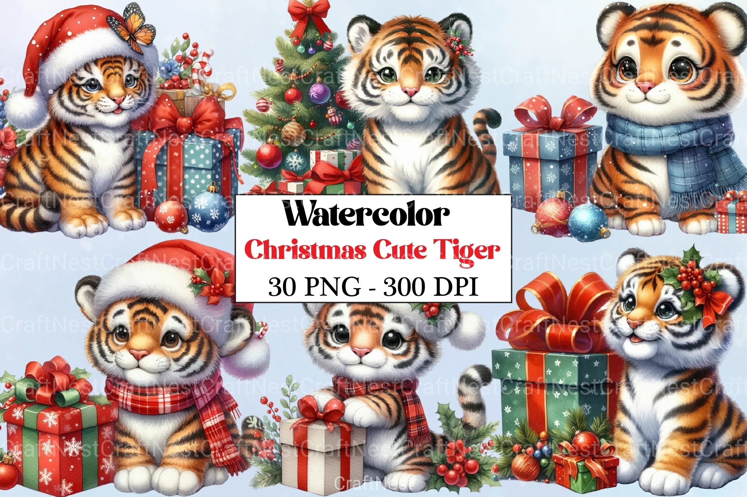 Christmas Tiger Clipart Bundle