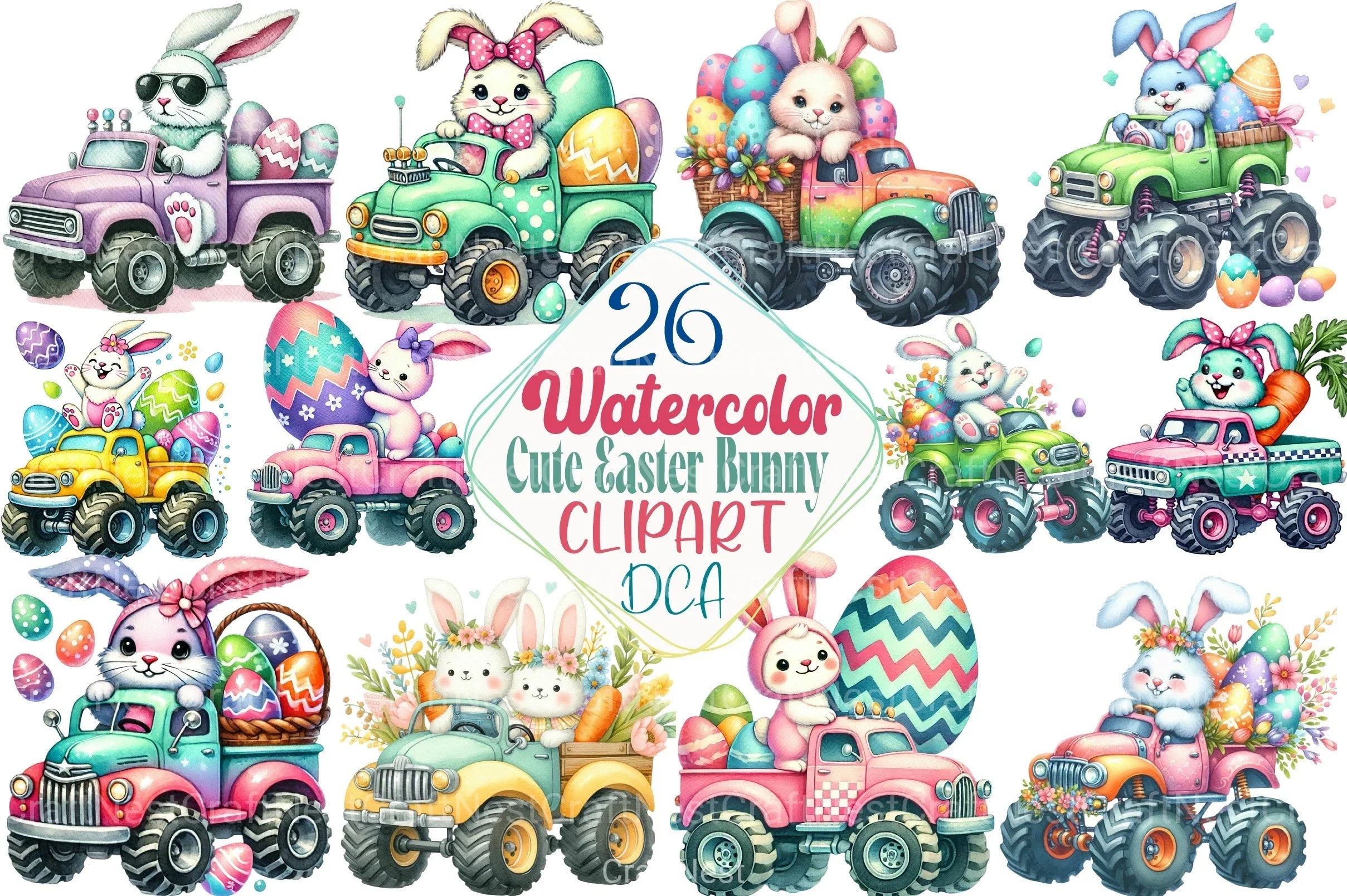 Cute Easter Bunny Monster Truck Clipart Bundle