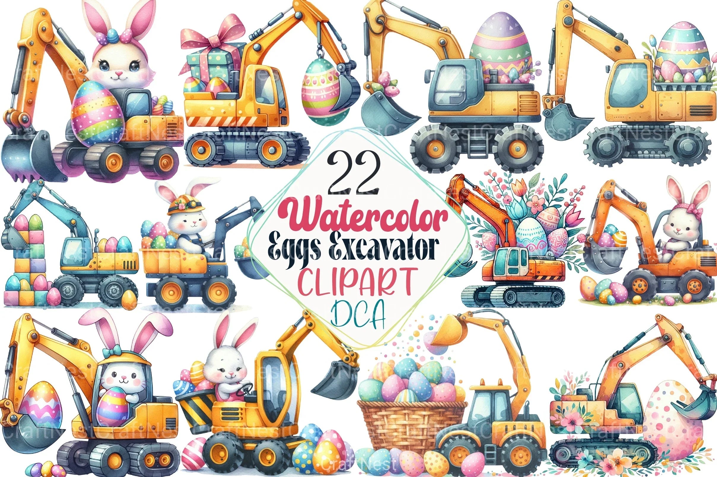 Eggs Excavator Construction Easter Clipart Bundle