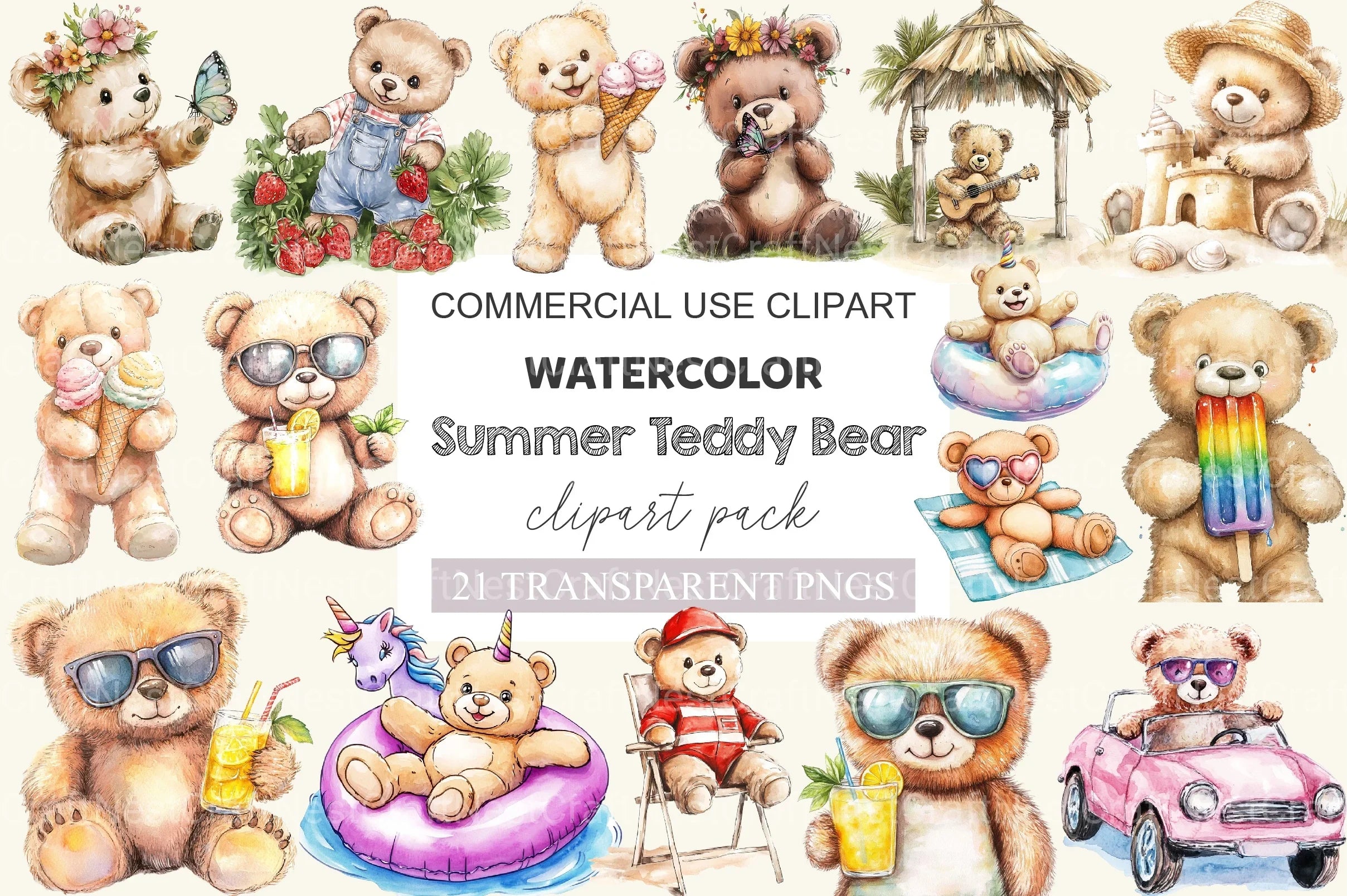 Summer Teddy Bear Clipart Bundle