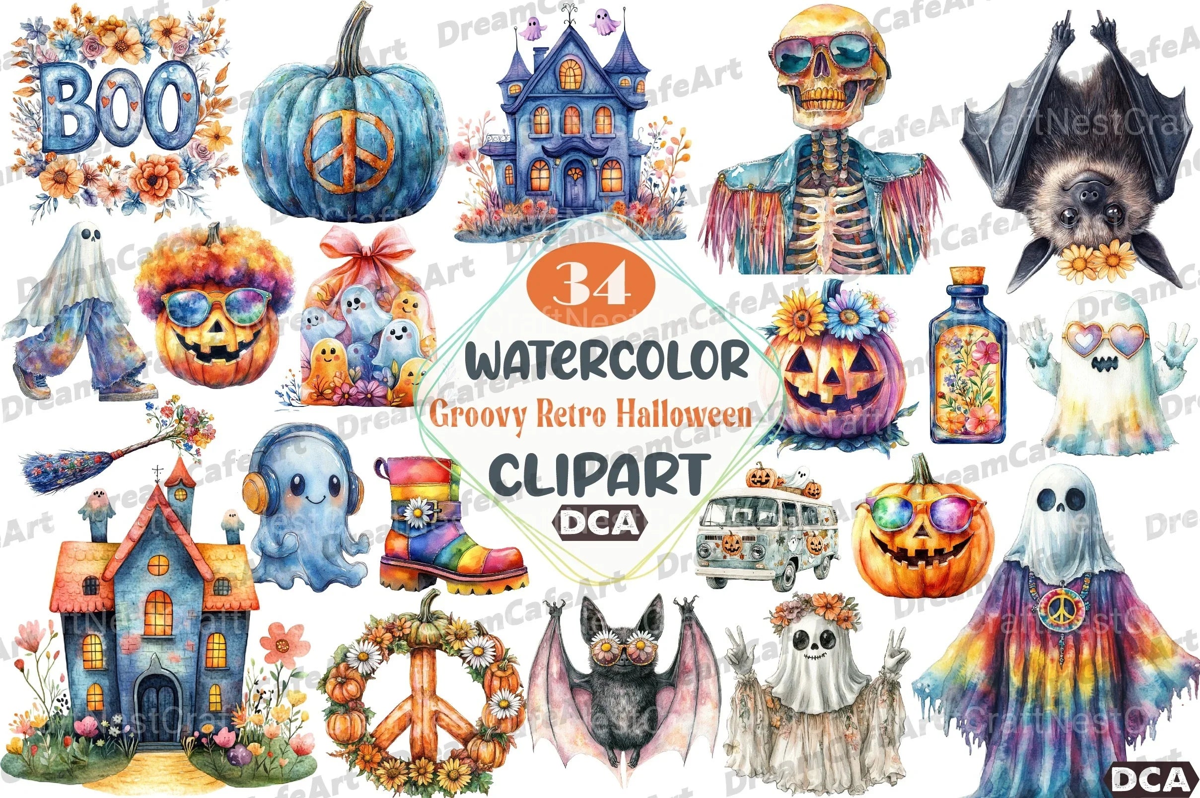 Groovy Retro Halloween Clipart Bundle